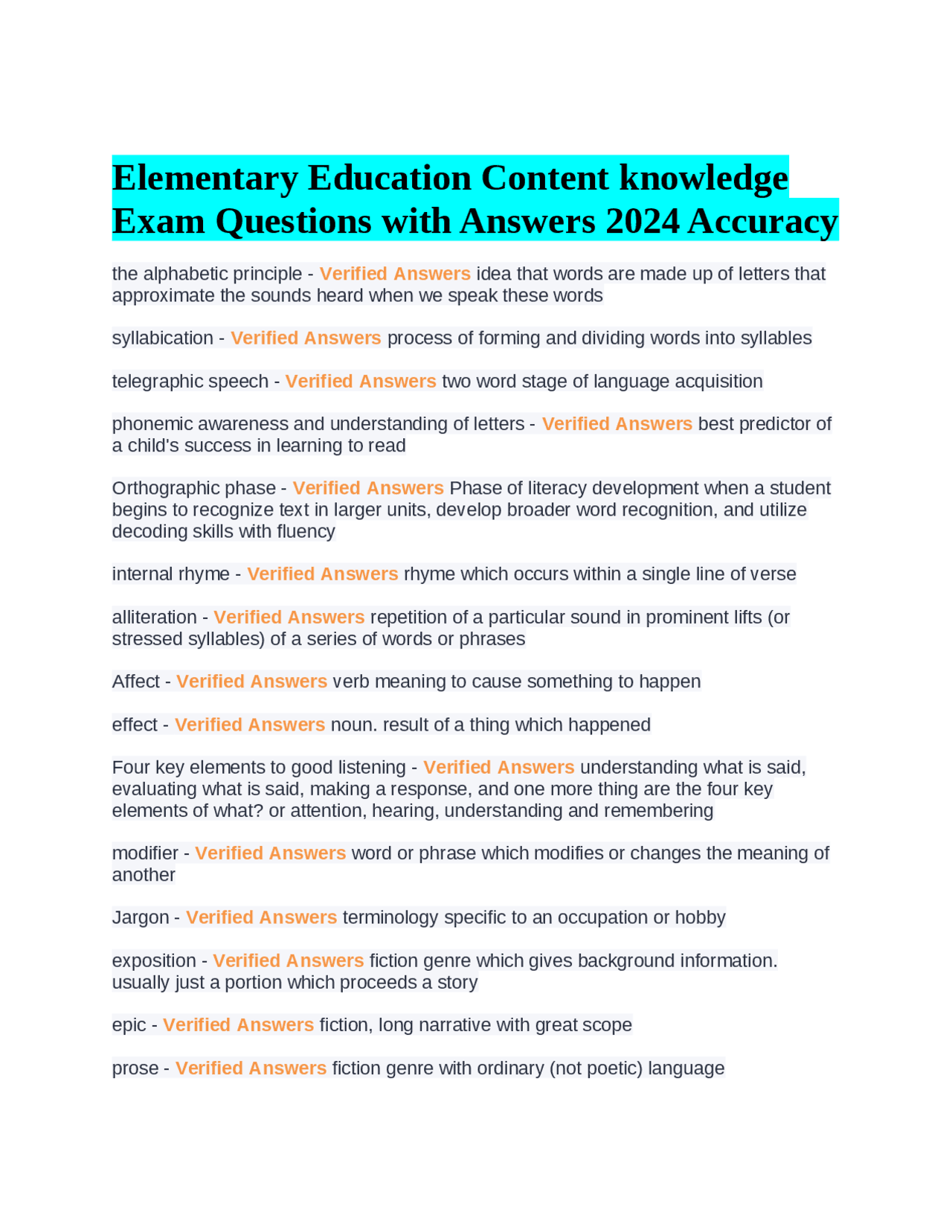 Elementary Education Content knowledge Exam Questions with Answers 2024 ...