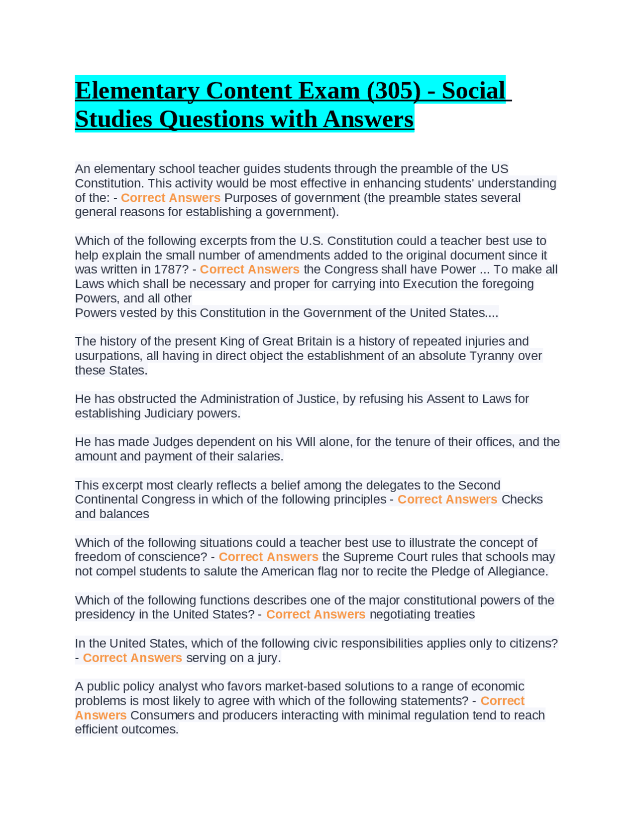 Elementary Content Exam (305) - Social Studies Questions with Answers ...