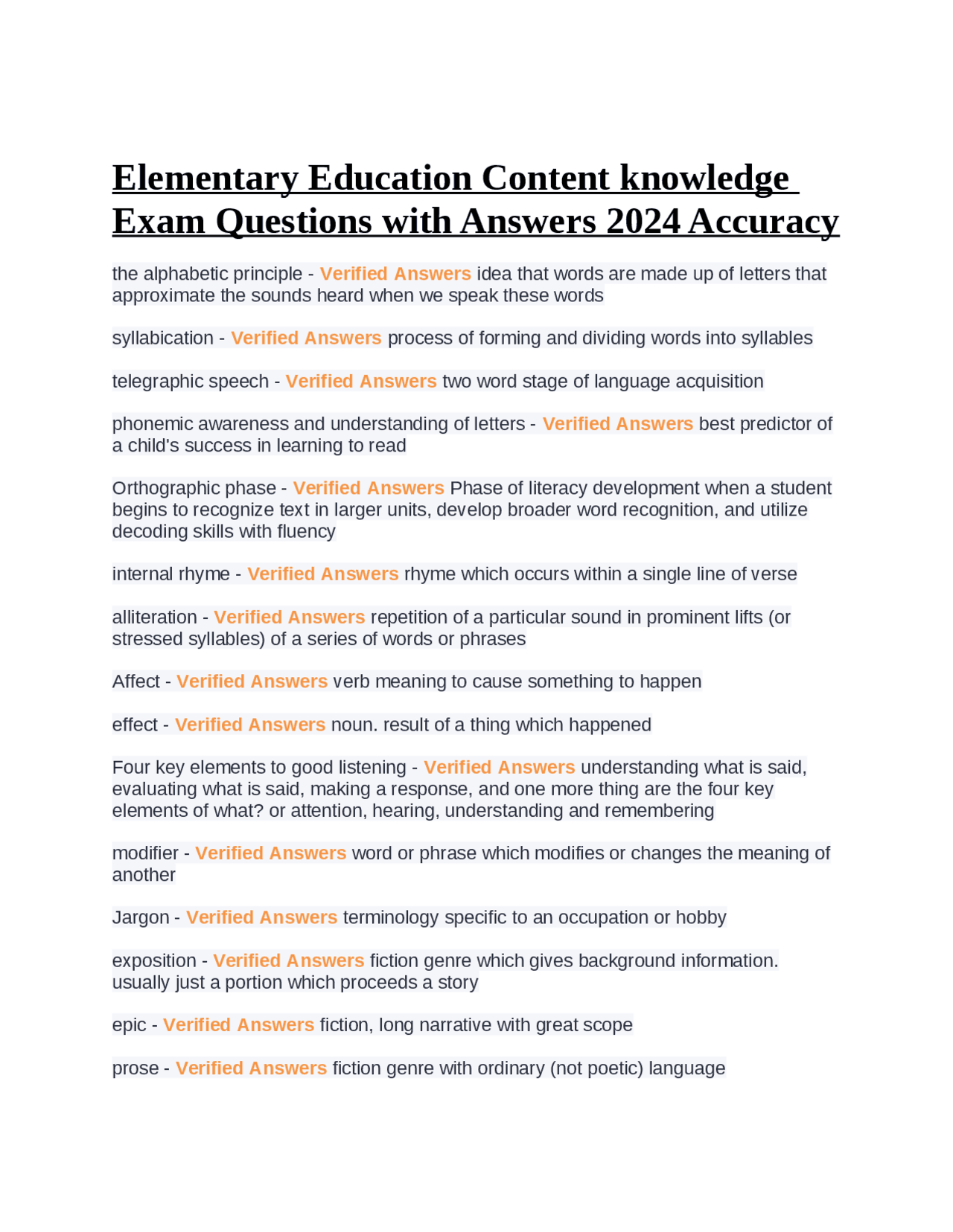 Elementary Education Content knowledge Exam Questions with Answers 2024 ...