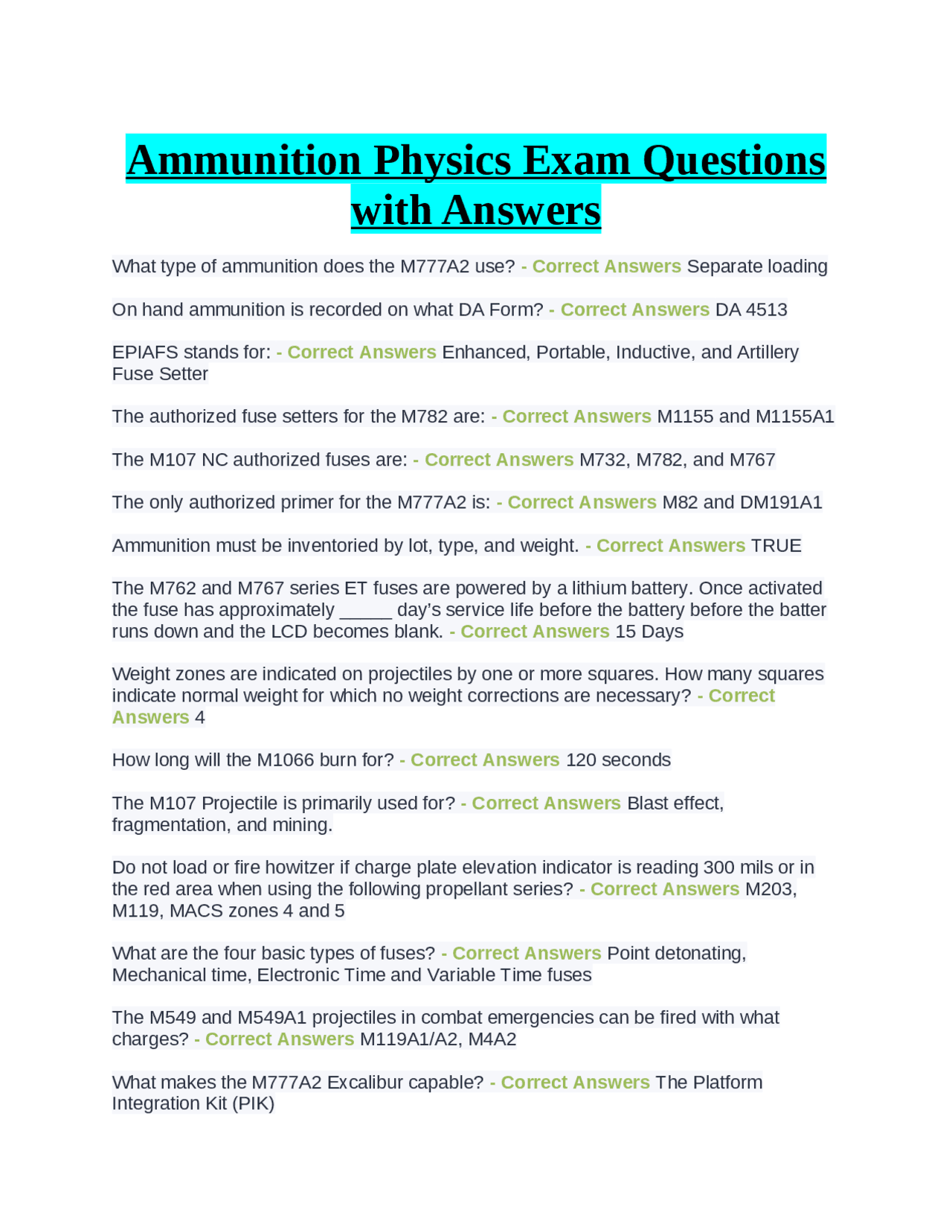 Ammunition Physics Exam Questions and Answers | Exams Physics | Docsity