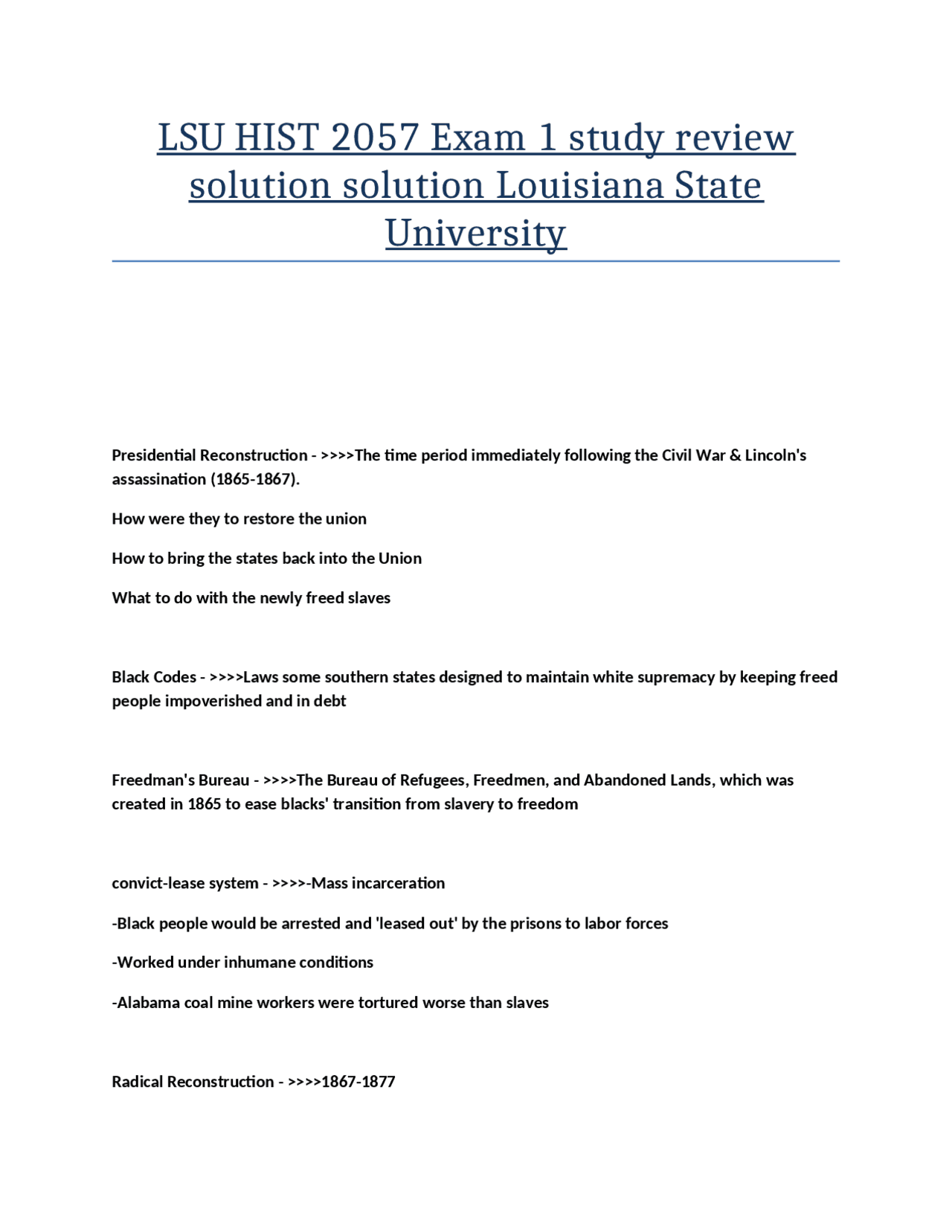 LSU HIST 2057 test 1 what you need to know (The United States from 1865 ...