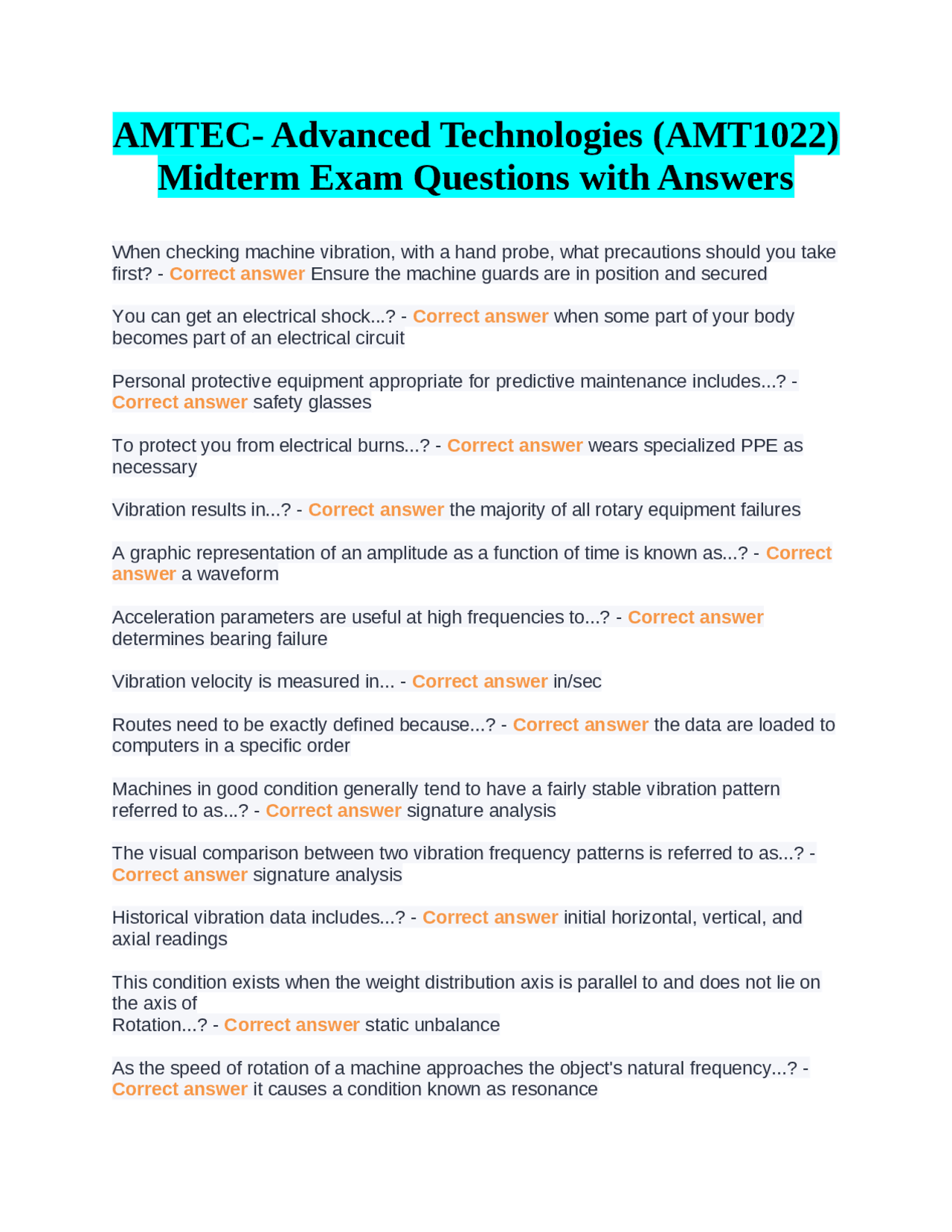AMTEC Midterm Exam Questions and Answers on Machine Vibration and Predictive Maintenance | Exams ...