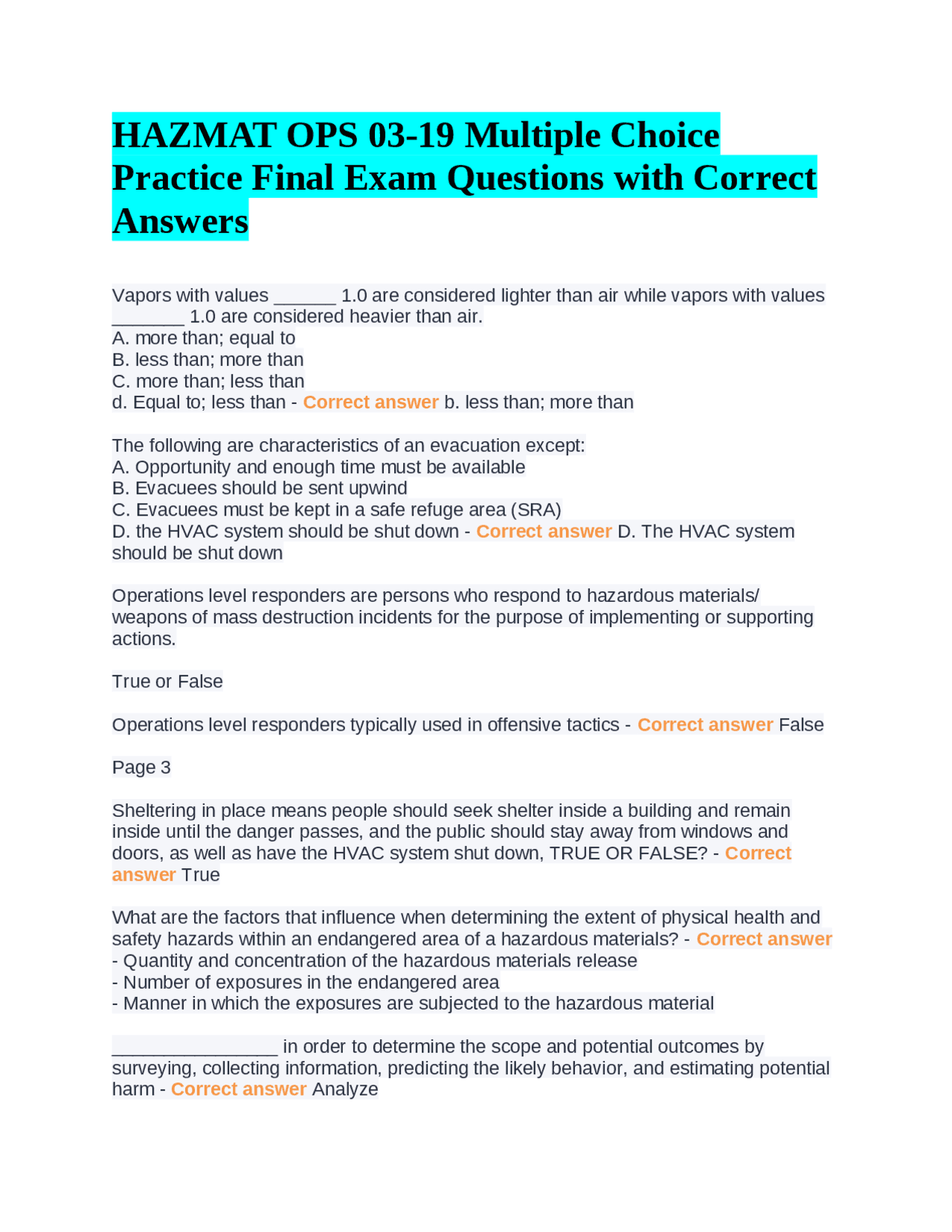 HAZMAT OPS 03-19 Multiple Choice Practice Final Exam Questions with ...