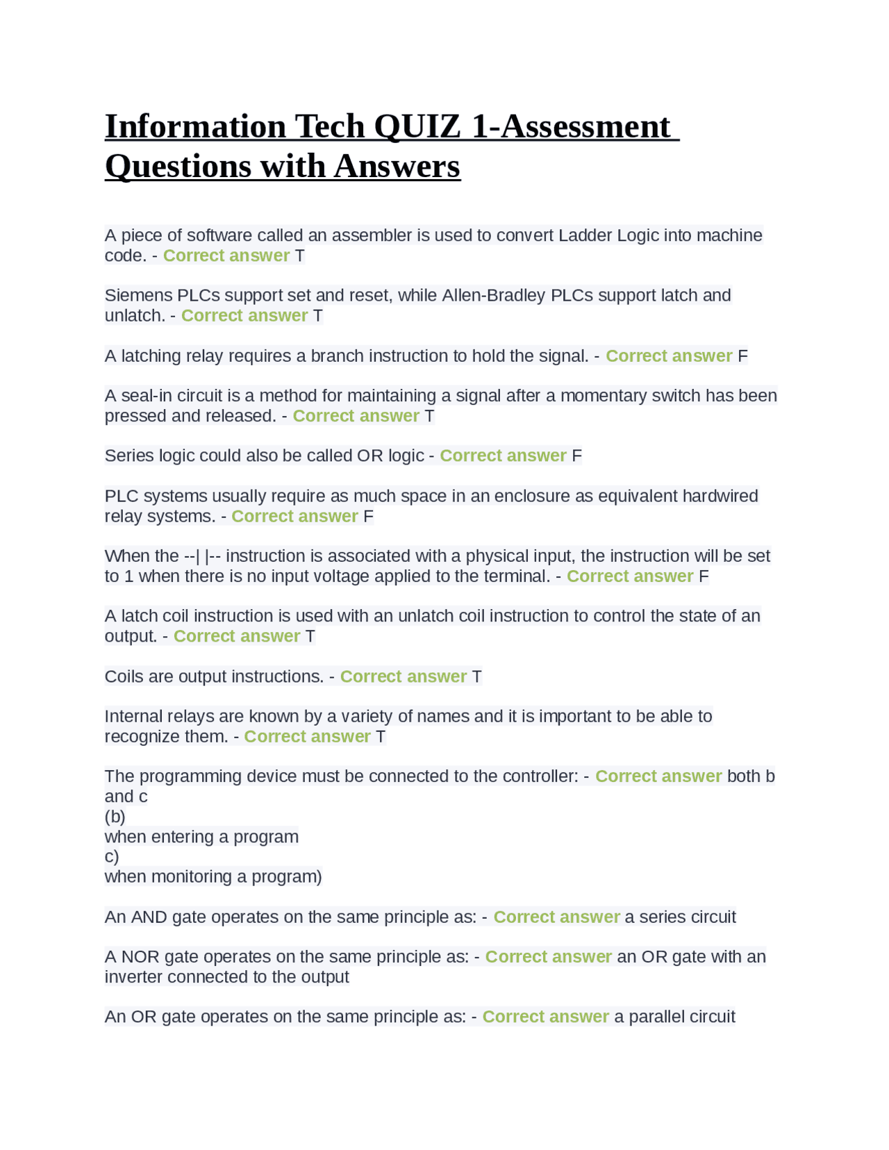 Information Tech QUIZ 1-Assessment Questions with Answers | Exams ...