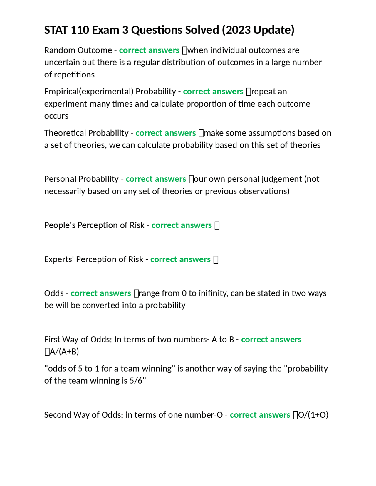 STAT 110 Exam 3 Questions Solved: Probability and Statistics Concepts | Exams Nursing | Docsity