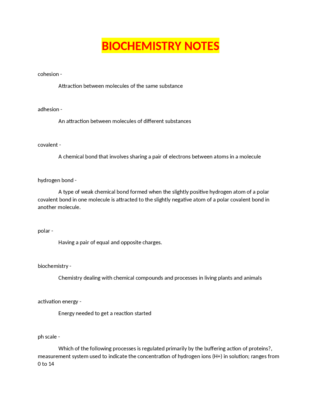 BIOCHEMISTRY NOTES BIOCHEMISTRY NOTES | Exams Biochemistry | Docsity