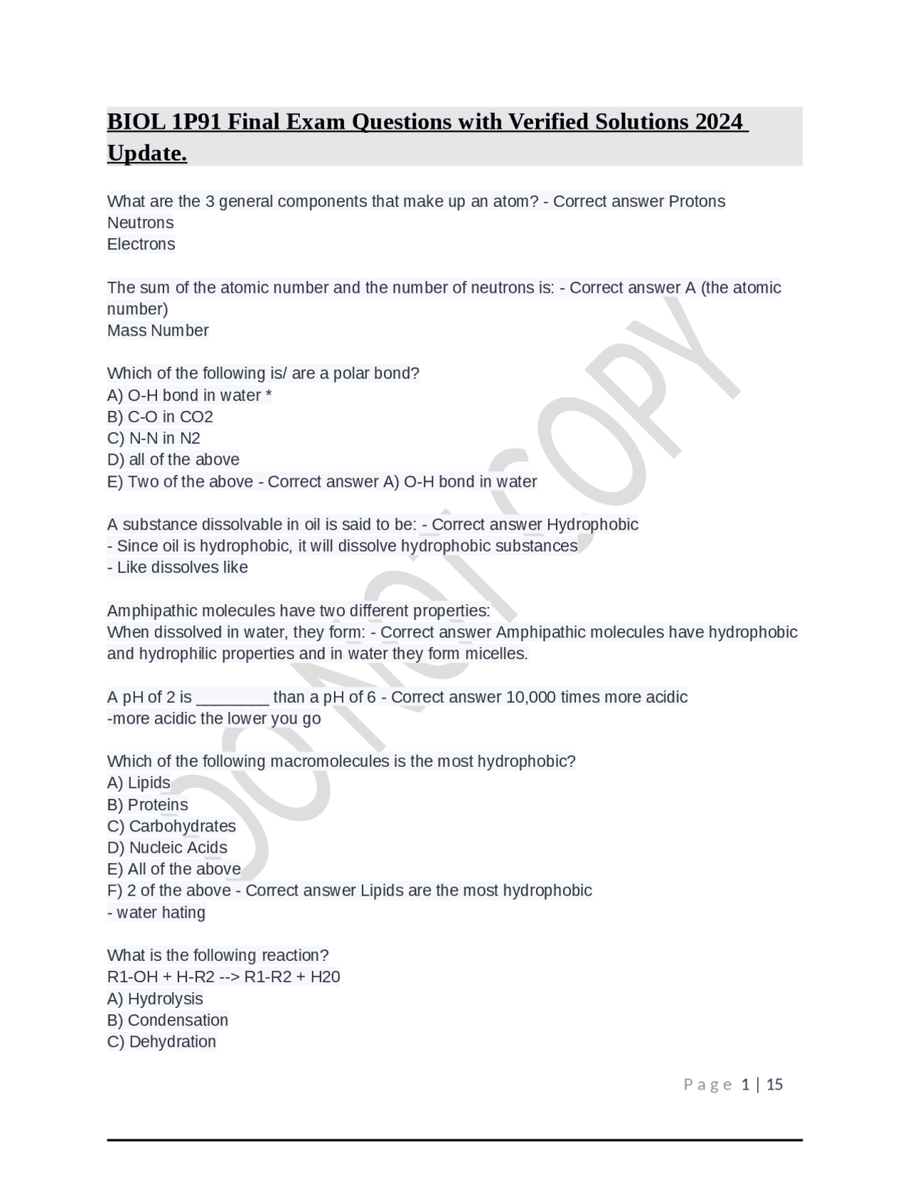 BIOL 1P91 Final Exam Questions with Verified Solutions 2024 Update. | Exams Biology | Docsity