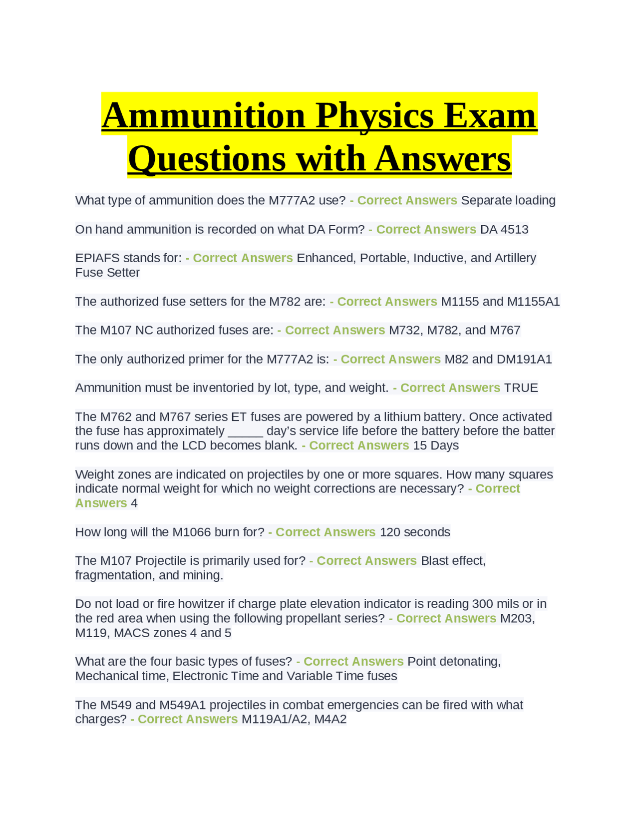Ammunition Physics Exam Questions with Answers | Exams Physics | Docsity