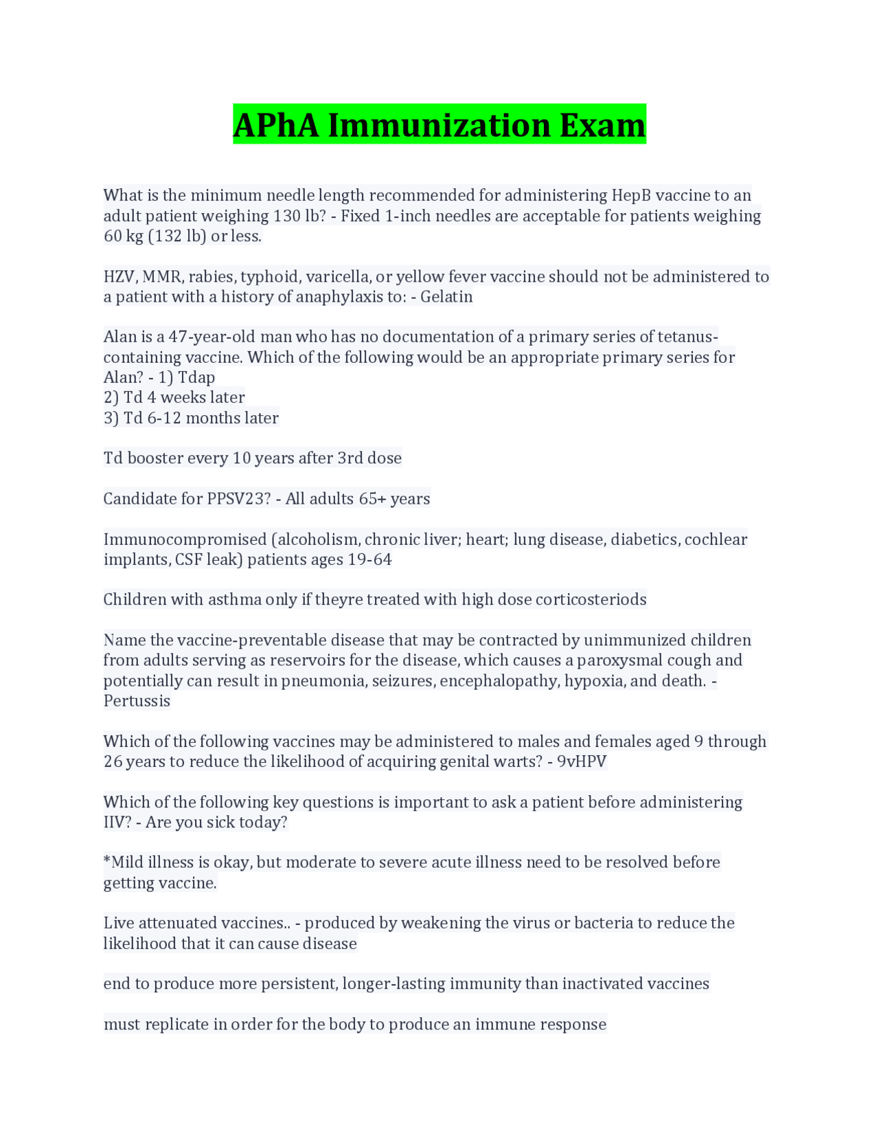 APhA Immunization Exam With Complete Solution | Exams Health sciences ...