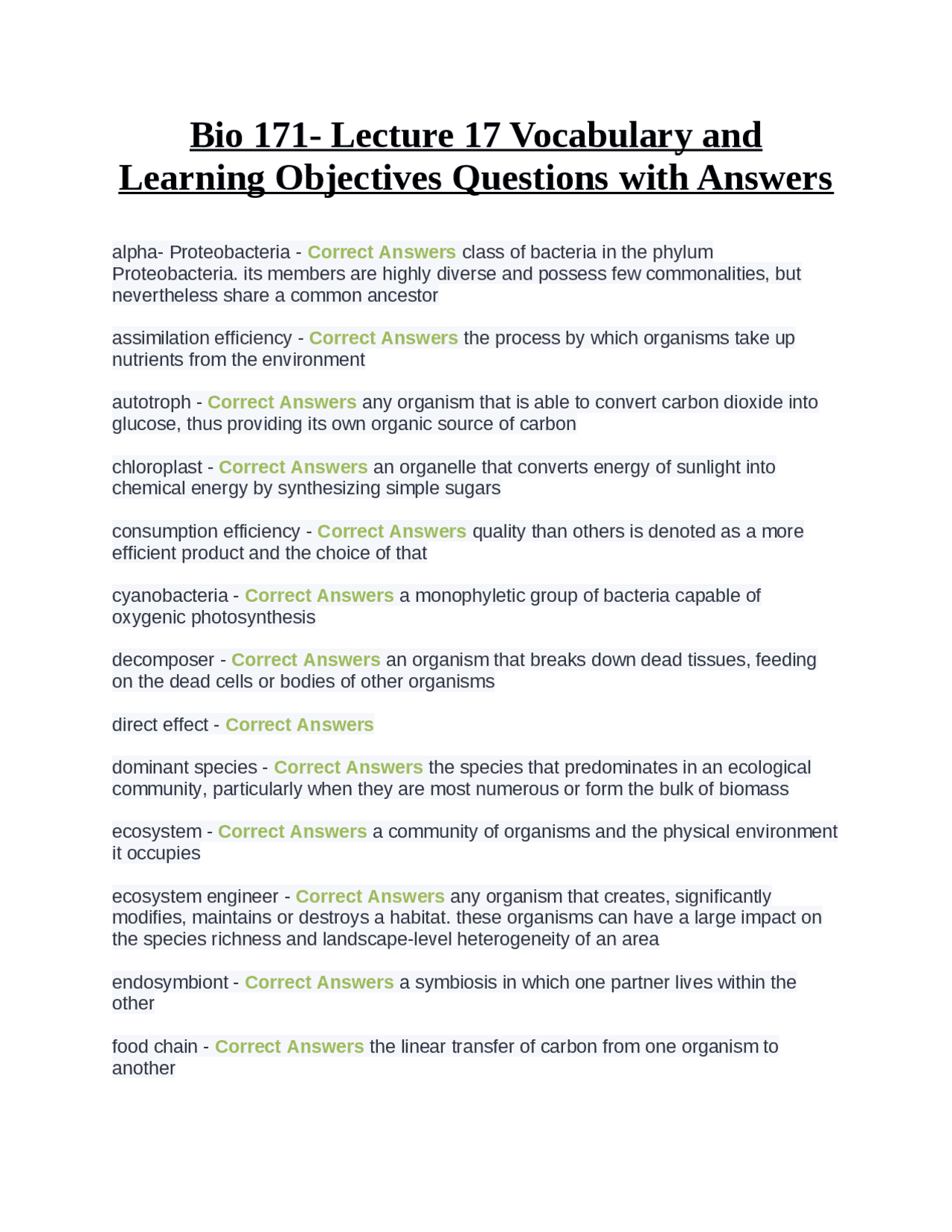 Bio 171- Lecture 17 Vocabulary and Learning Objectives Questions with ...