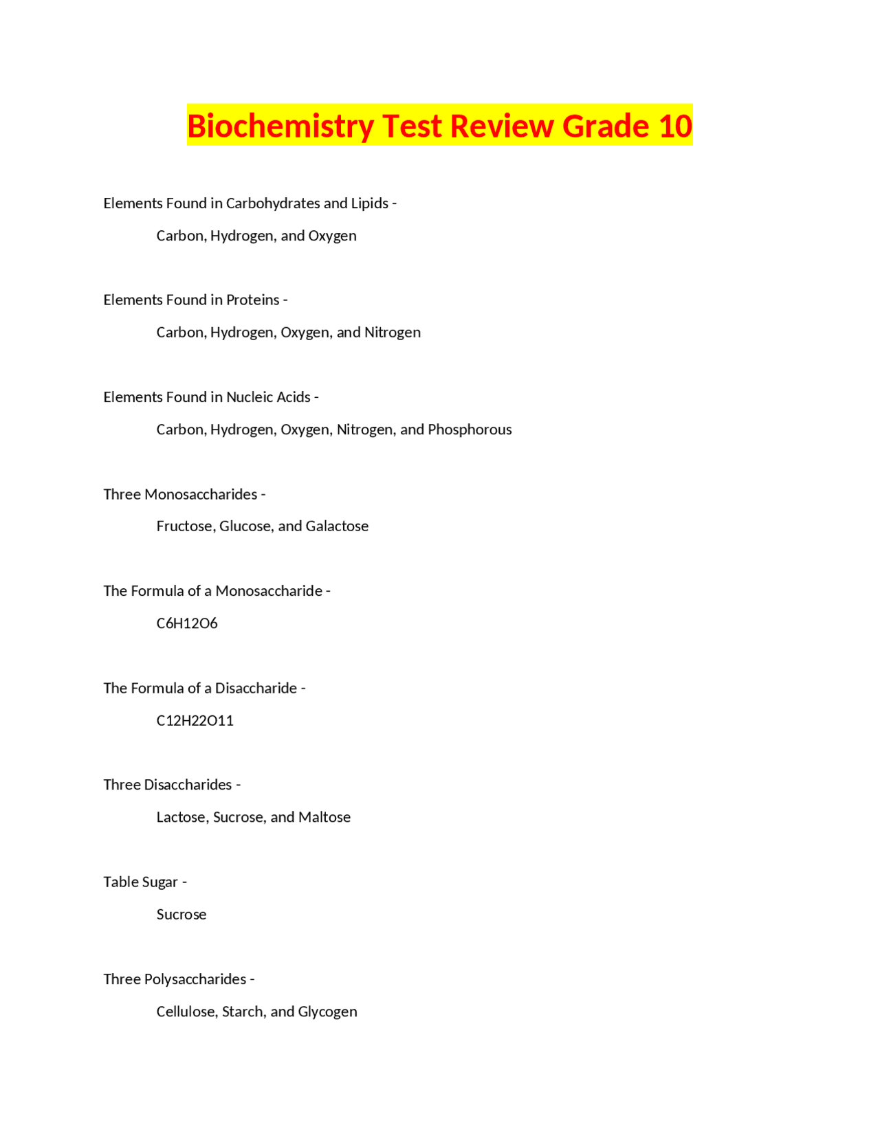 Biochemistry Test Review Grade 10 | Exams Biochemistry | Docsity