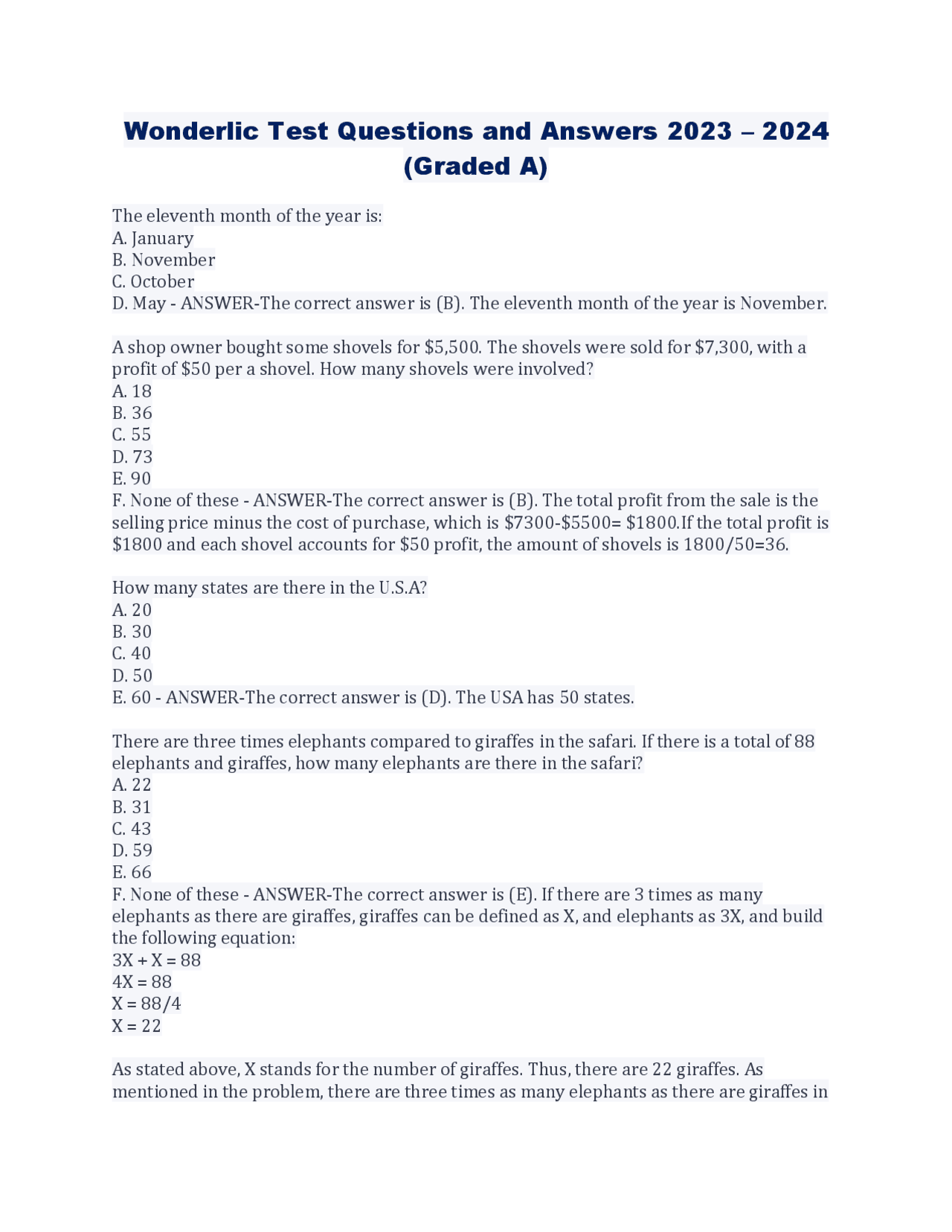 Wonderlic Test Questions And Answers 2023 2024 Graded A Exams