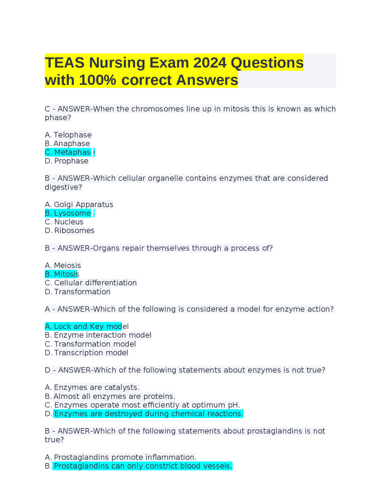 TEAS Nursing Exam 2024 Questions with 100% correct Answers | Exams ...