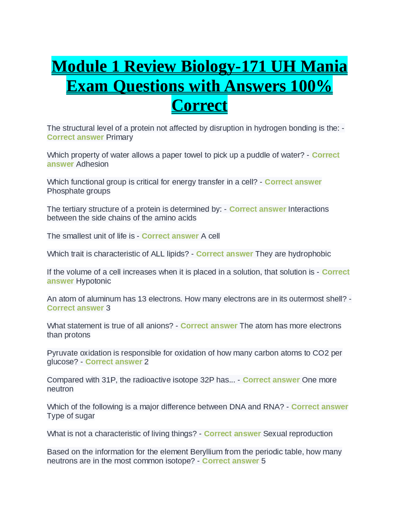 Module 1 Review Biology-171 UH Mania Exam Questions with Answers 100% ...