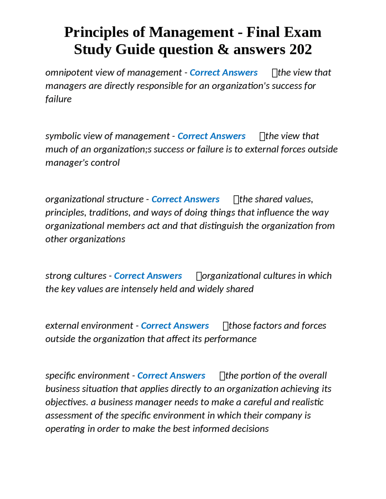 Principles of Management - Final Exam Study Guide question & answers ...