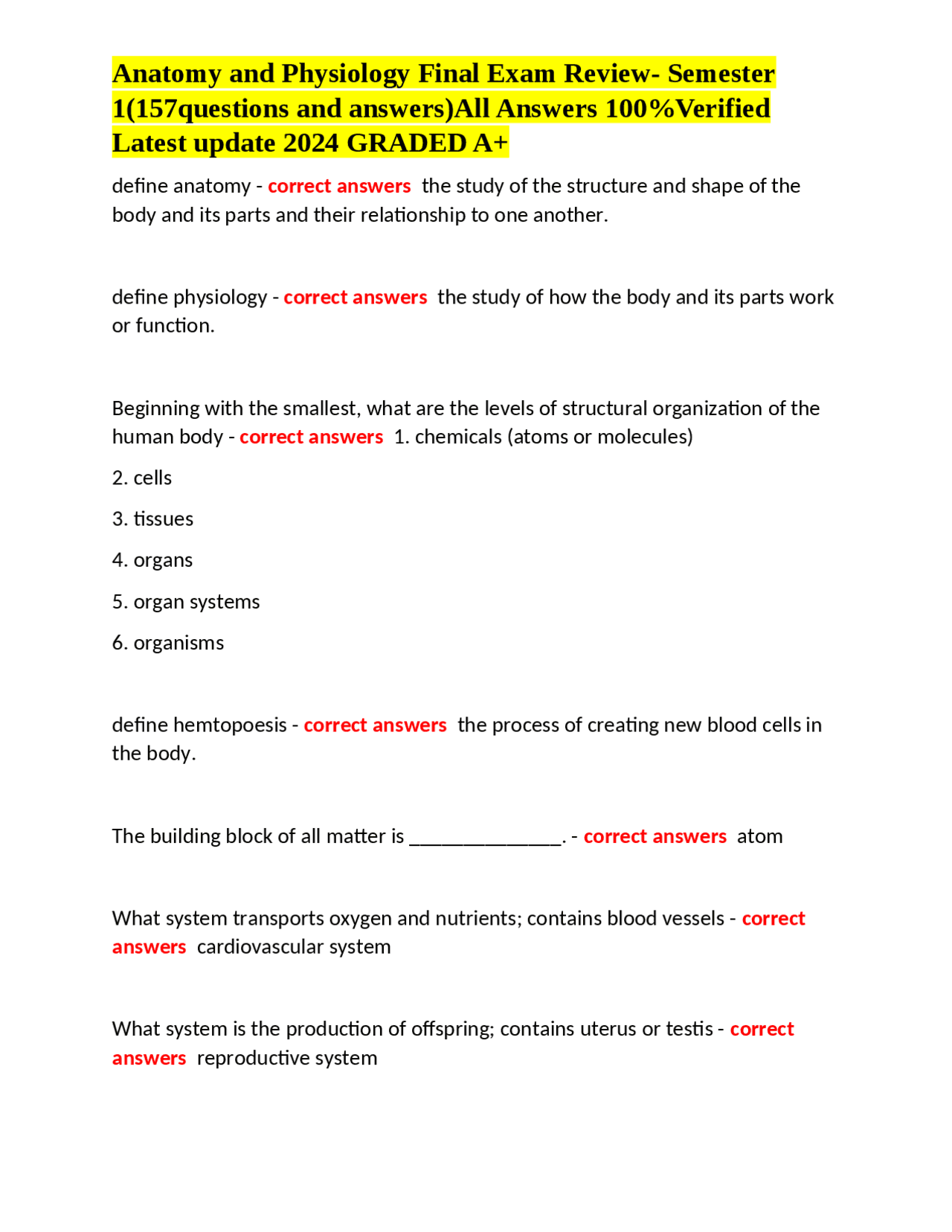 Anatomy and Physiology Final Exam Review- Semester 1(157questions and ...