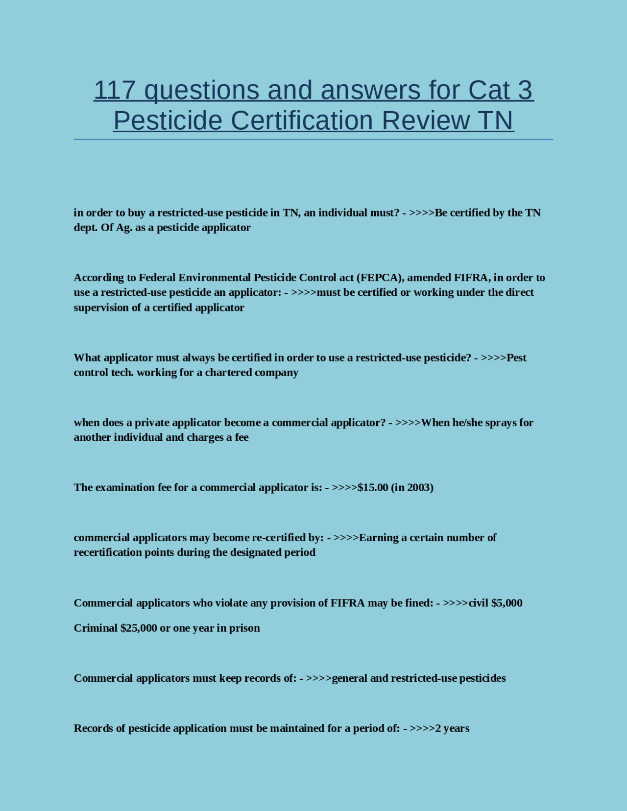 117 questions and answers for Cat 3 Pesticide Certification Review TN ...