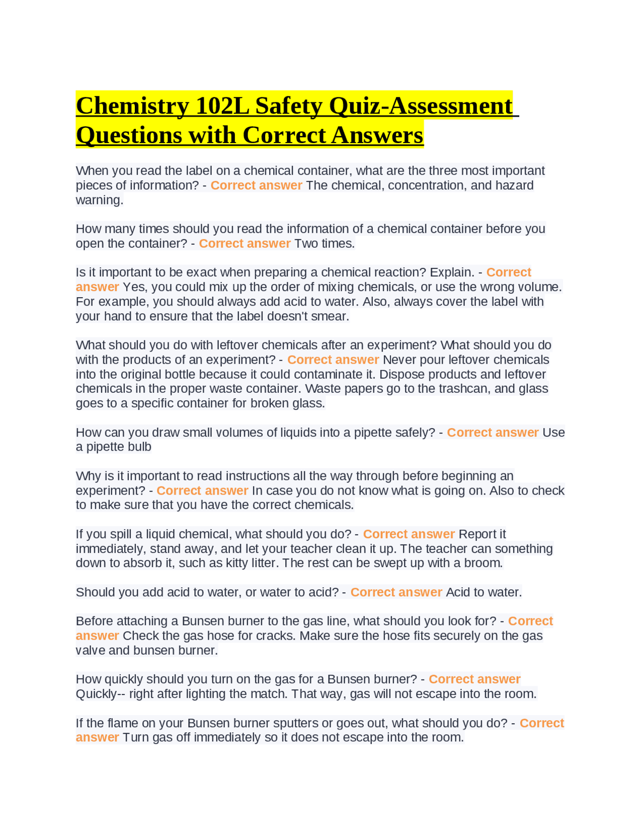 Chemistry 102L Safety Quiz-Assessment Questions with Correct Answers ...