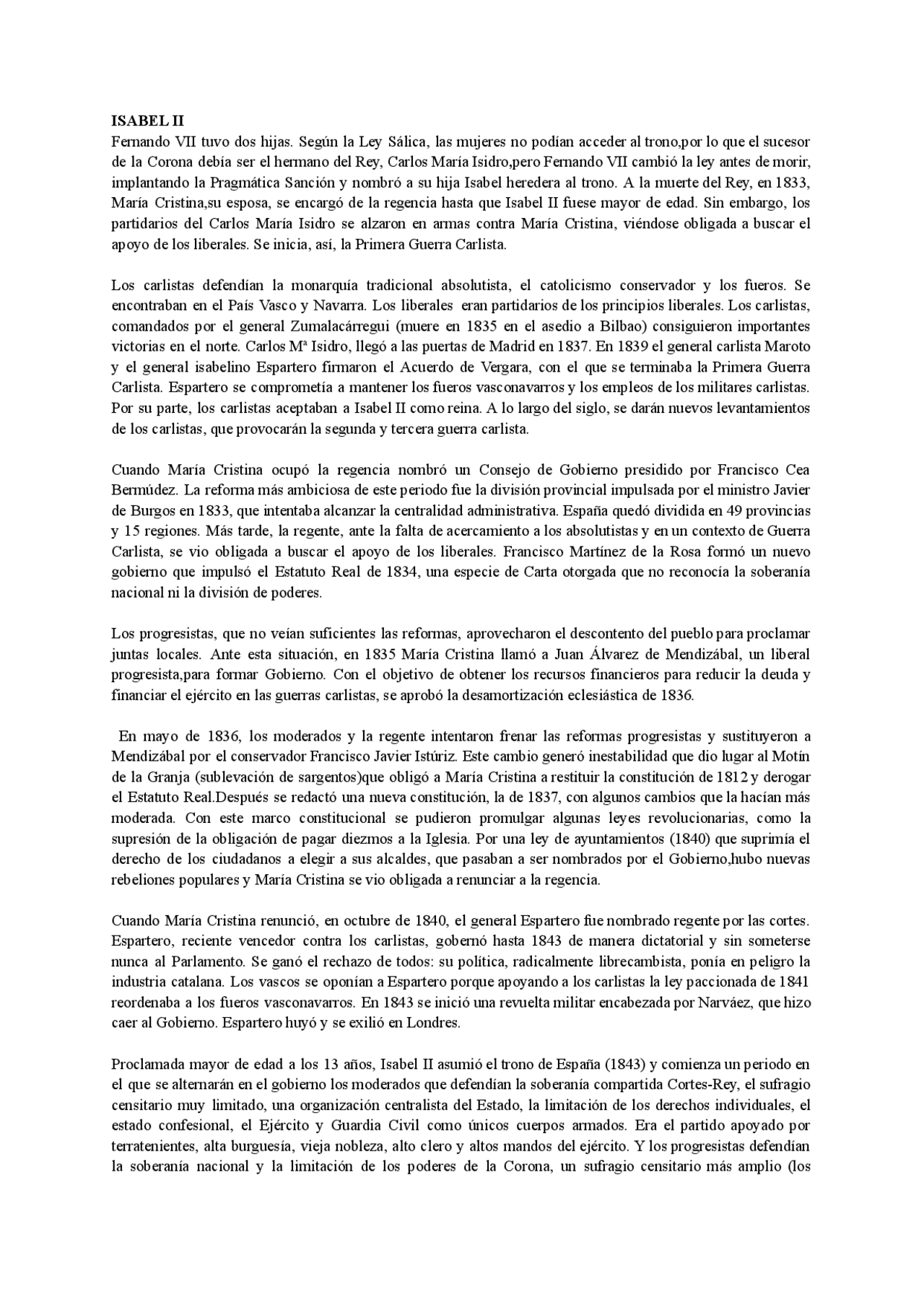 El reinado de Isabel II y el Sexenio Revolucionario | Ejercicios de Historia de España | Docsity