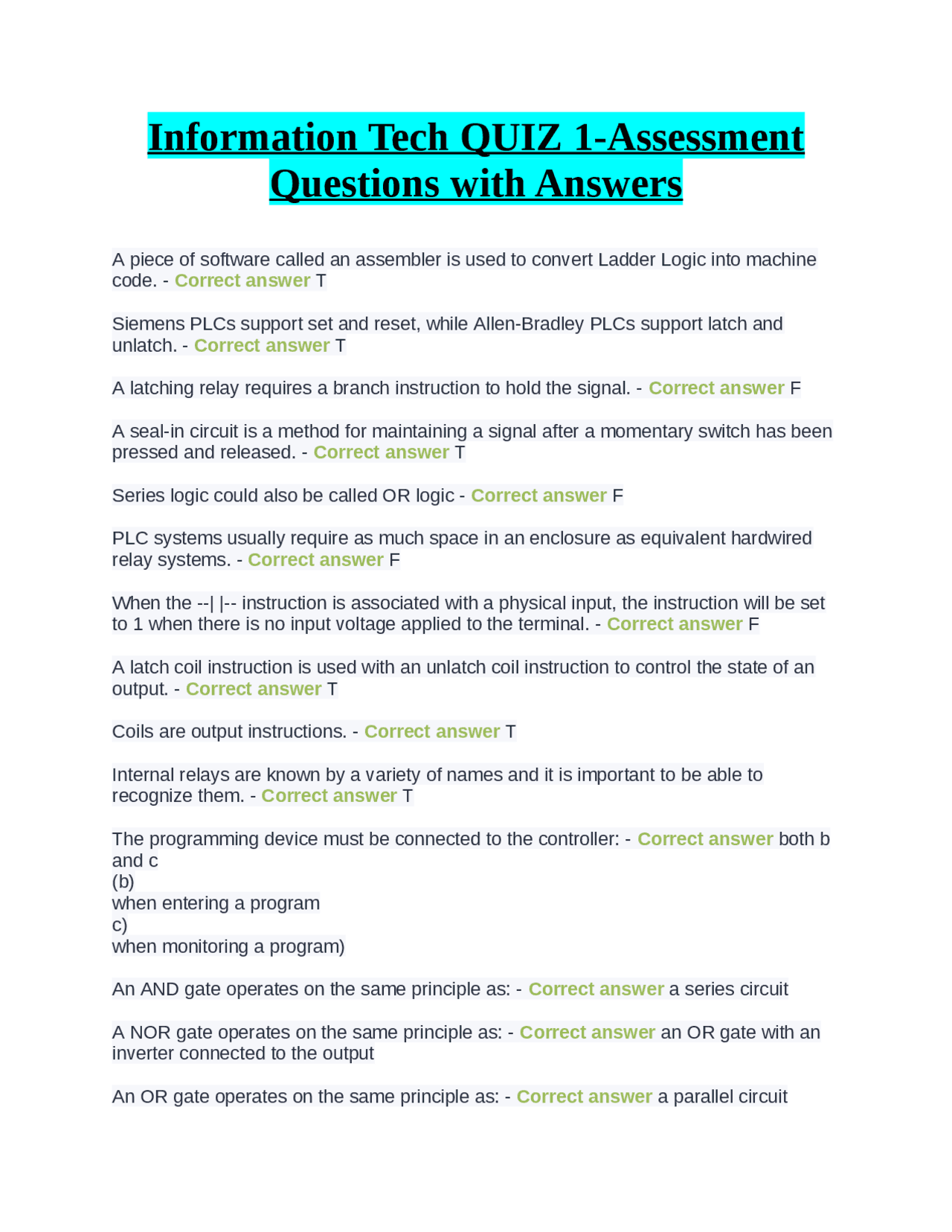 Information Tech QUIZ 1-Assessment Questions with Answers | Exams ...