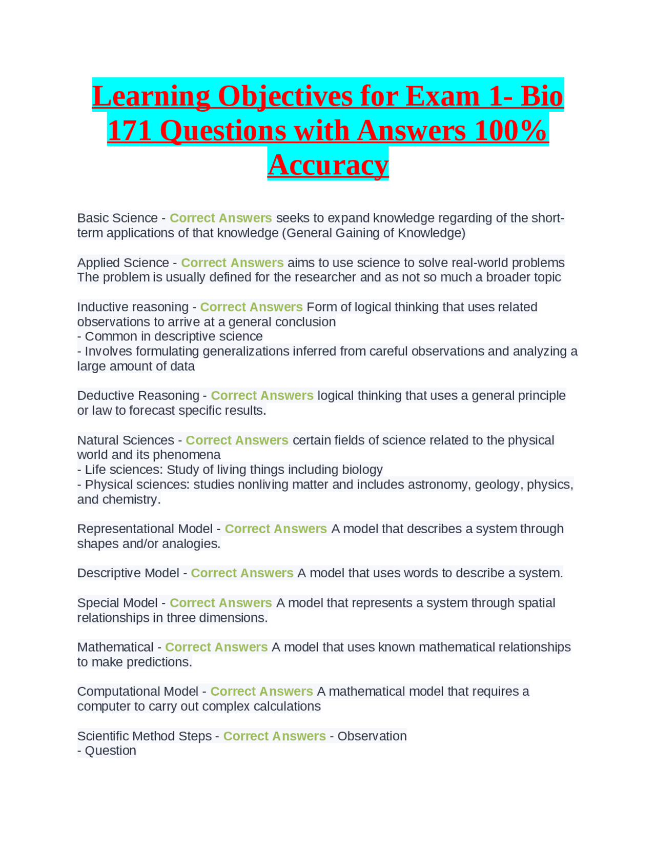 Learning Objectives for Exam 1- Bio 171 Questions with Answers 100% ...