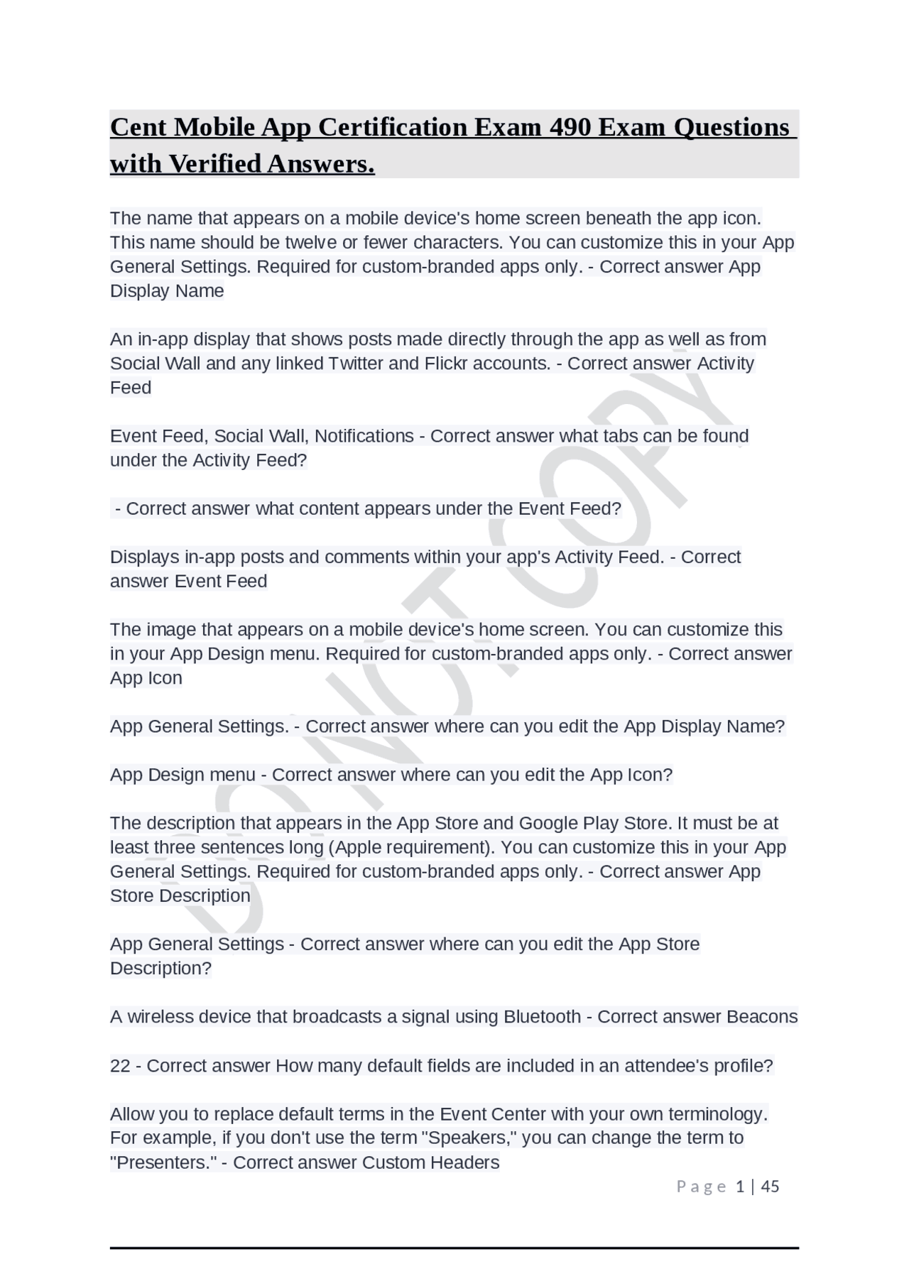 Cent Mobile App Certification Exam 490 Exam Questions with Verified Answers. | Exams Multimedia ...