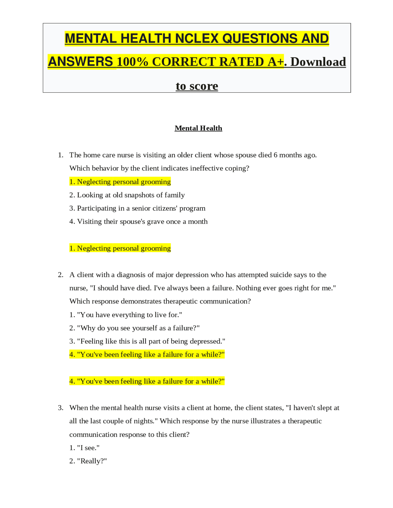 MENTAL HEALTH NCLEX QUESTIONS AND ANSWERS 100% CORRECT RATED A+ ...