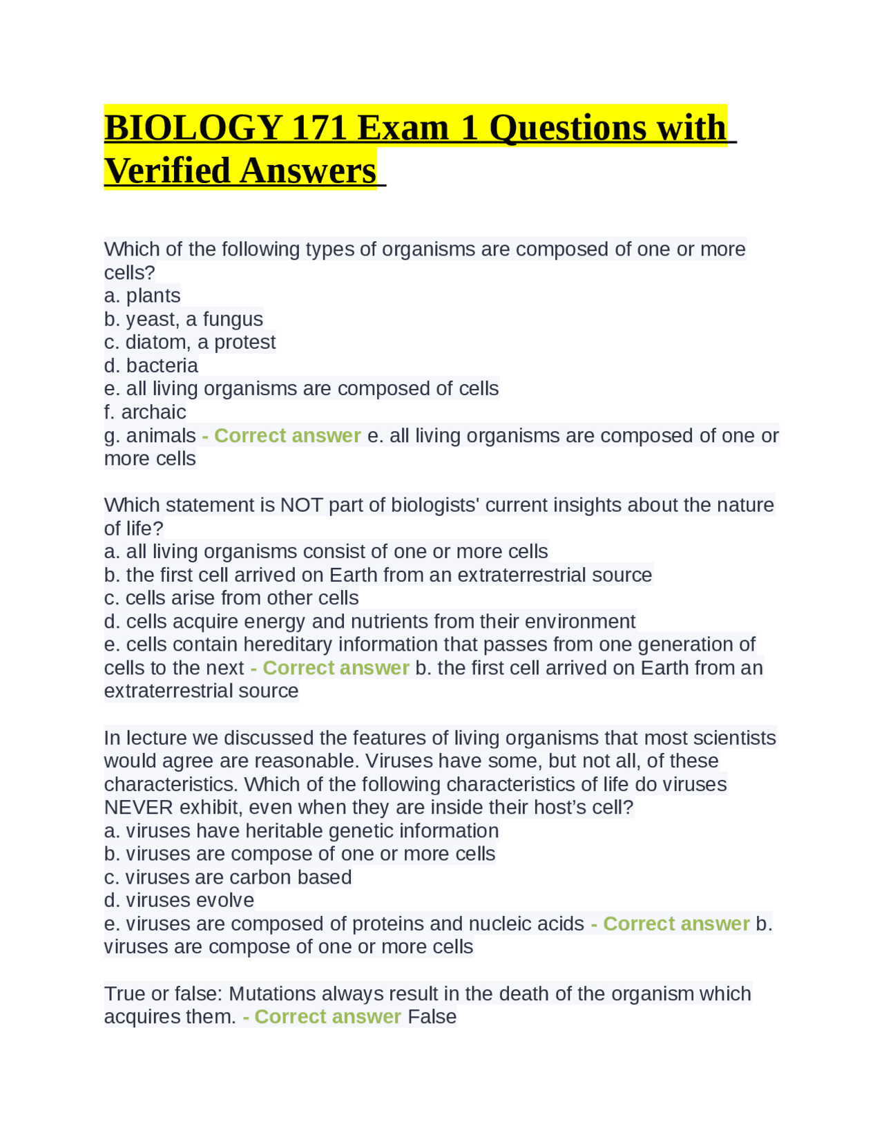 BIOLOGY 171 Exam 1 Questions with Verified Answers | Exams Biology ...