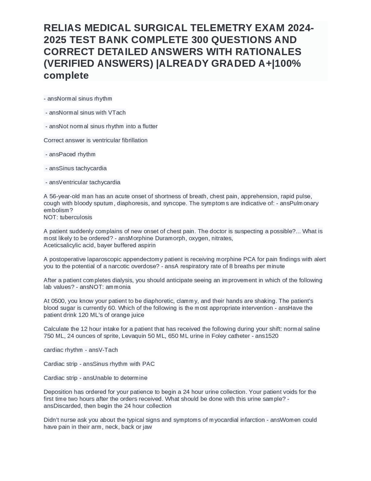 RELIAS MEDICAL SURGICAL TELEMETRY EXAM 2024-2025 TEST BANK COMPLETE 300 ...