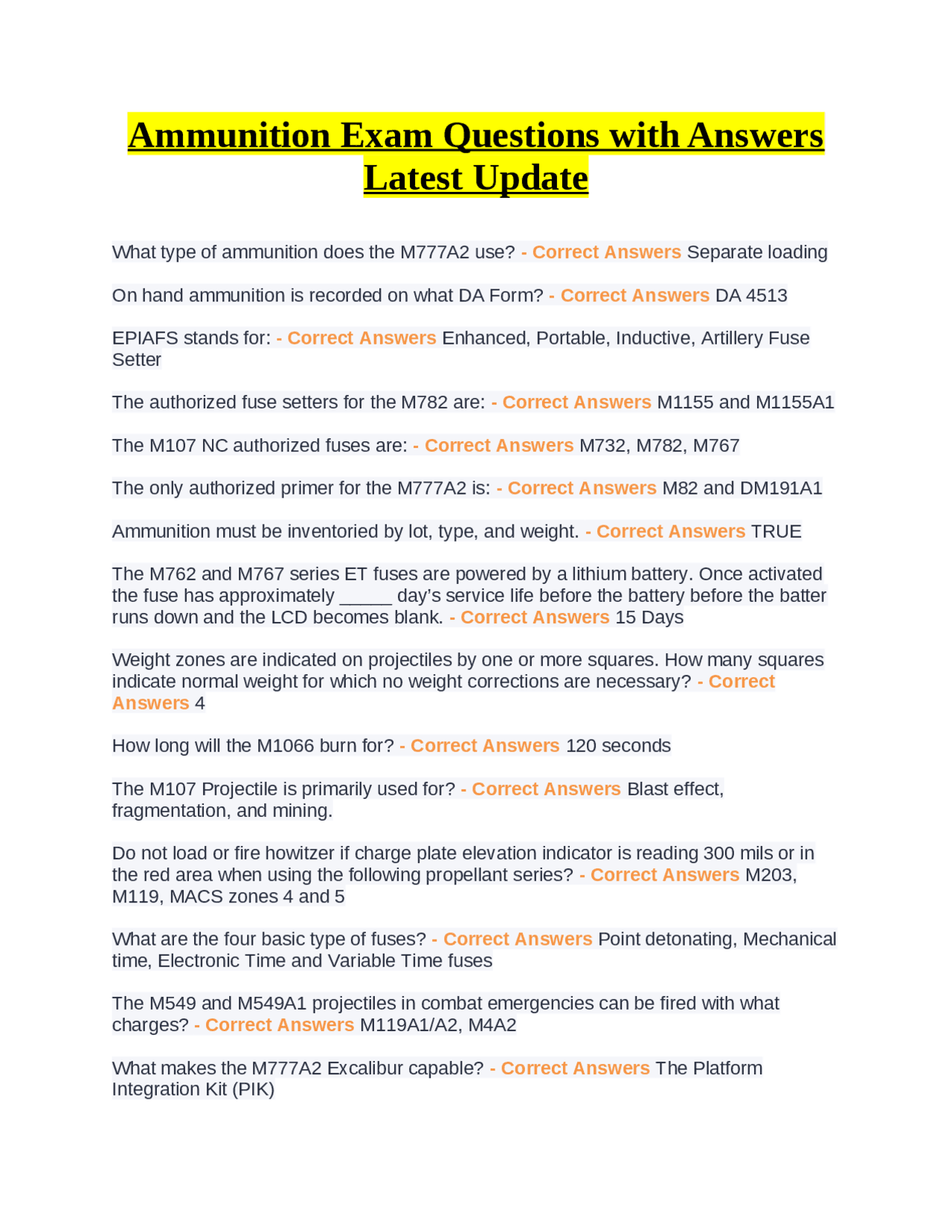 Ammunition Exam Questions with Answers Latest Update | Exams Nursing ...