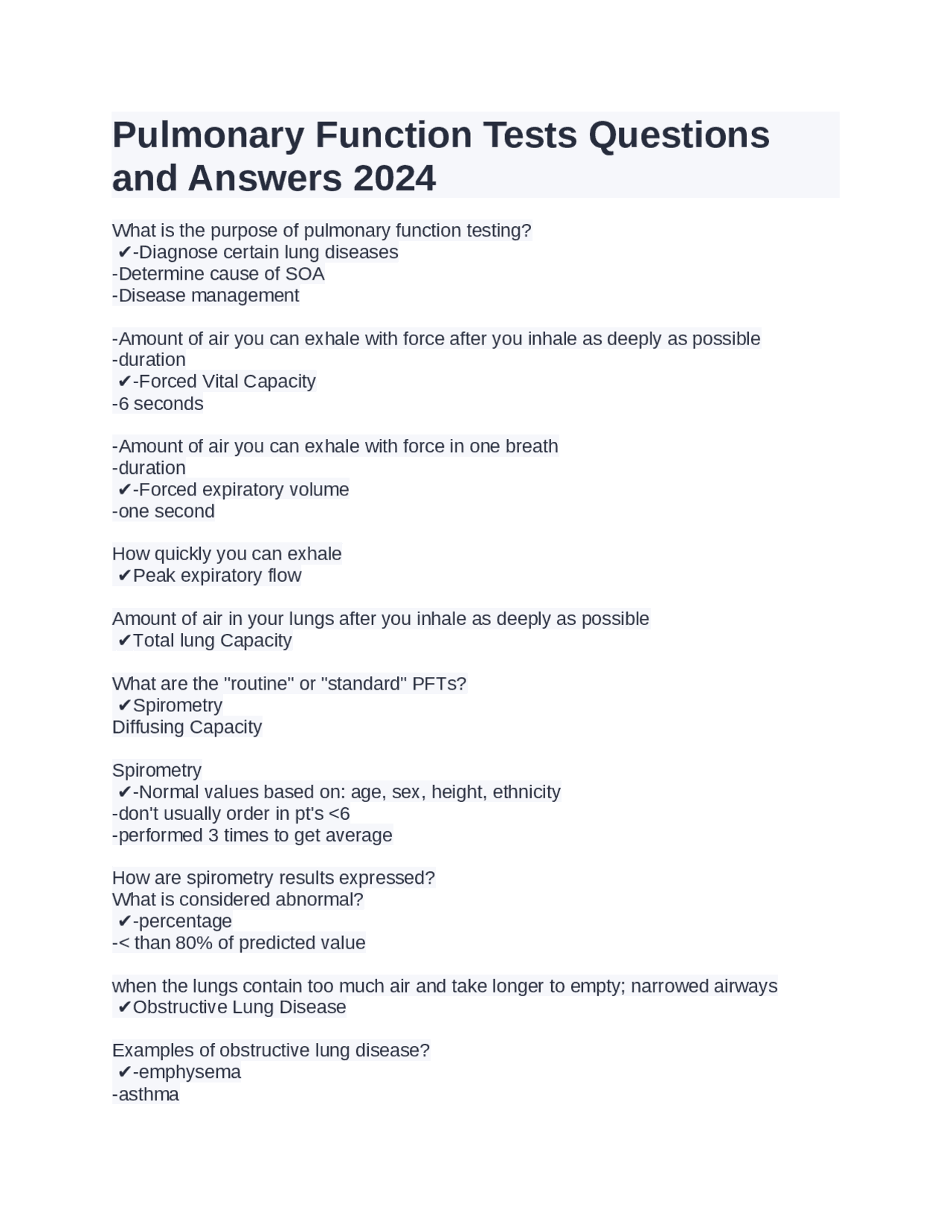 Pulmonary Function Tests Questions And Answers 2024 Exams Nursing Docsity