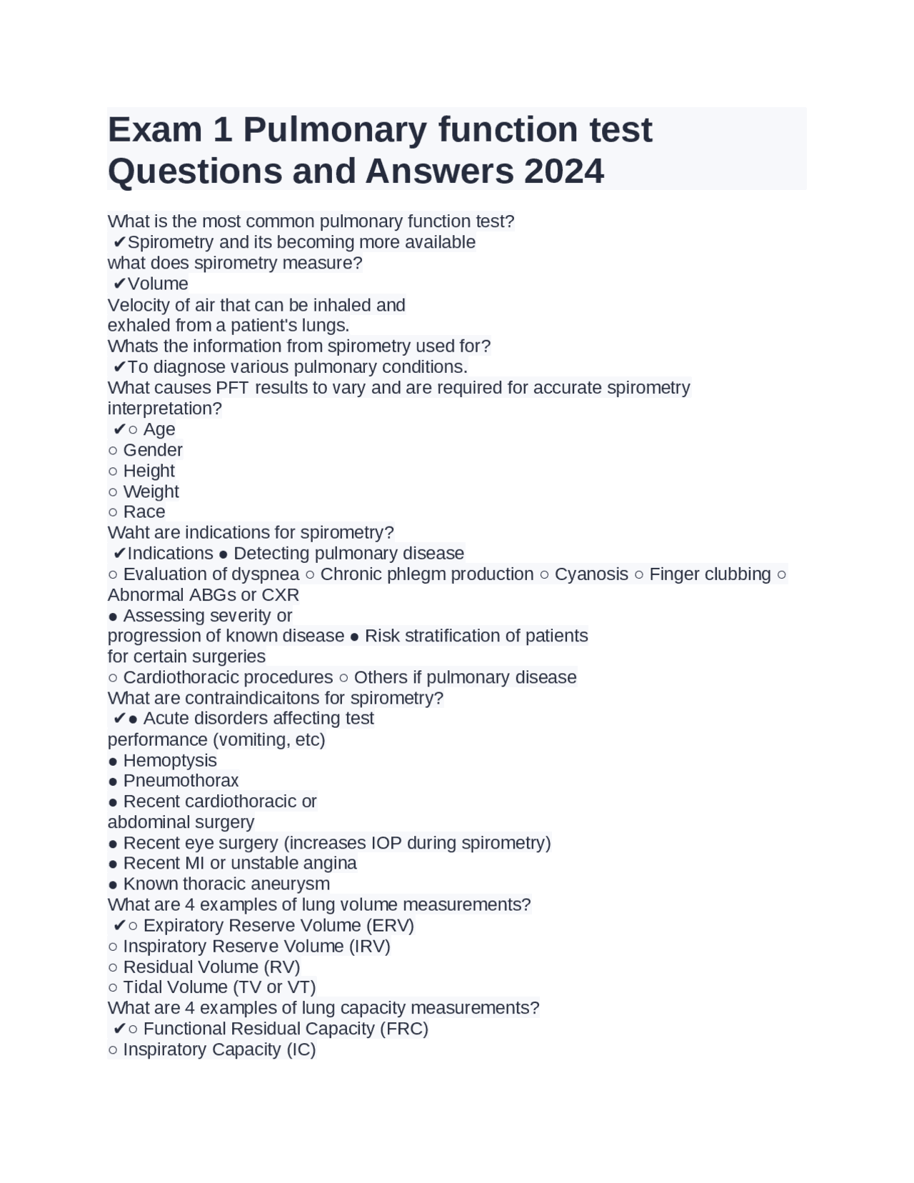 Exam 1 Pulmonary function test Questions and Answers 2024 | Exams ...