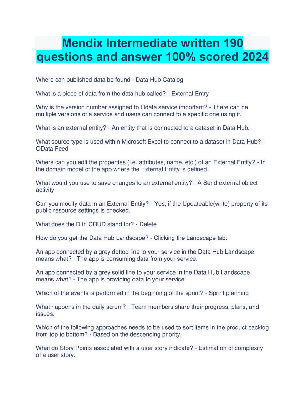Mendix Intermediate written 190 questions and answer 100% scored 2024 ...