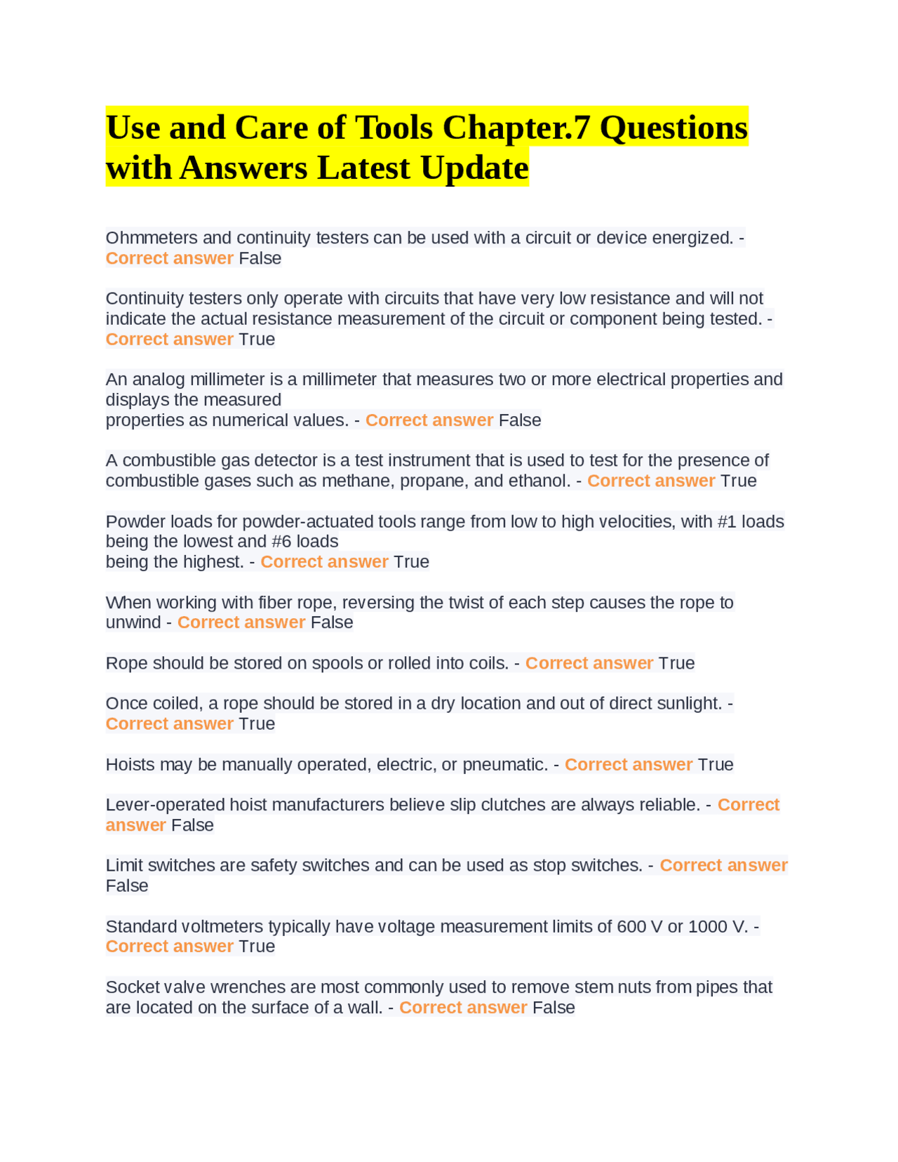 Use and Care of Tools Chapter.7 Questions with Answers Latest Update ...