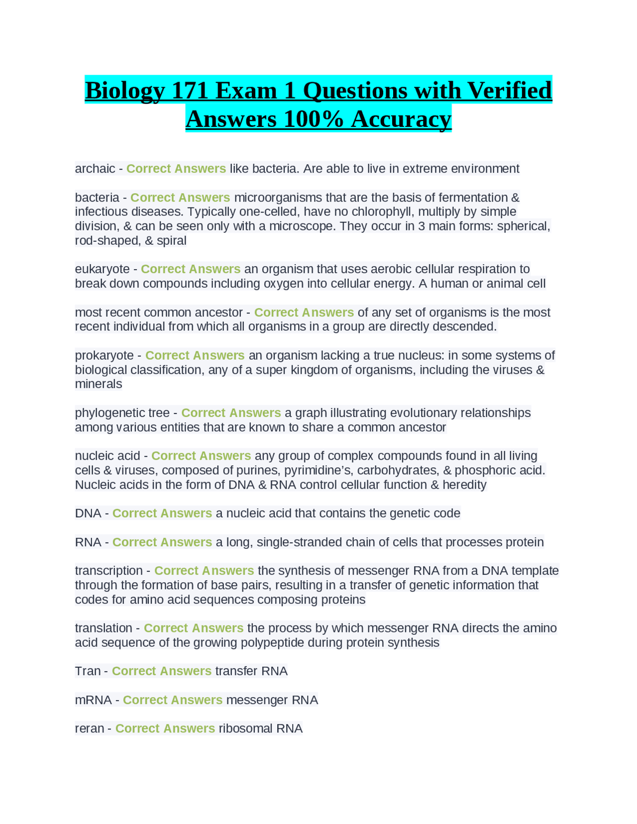 Biology 171 Exam 1 Questions with Verified Answers 100% Accuracy ...