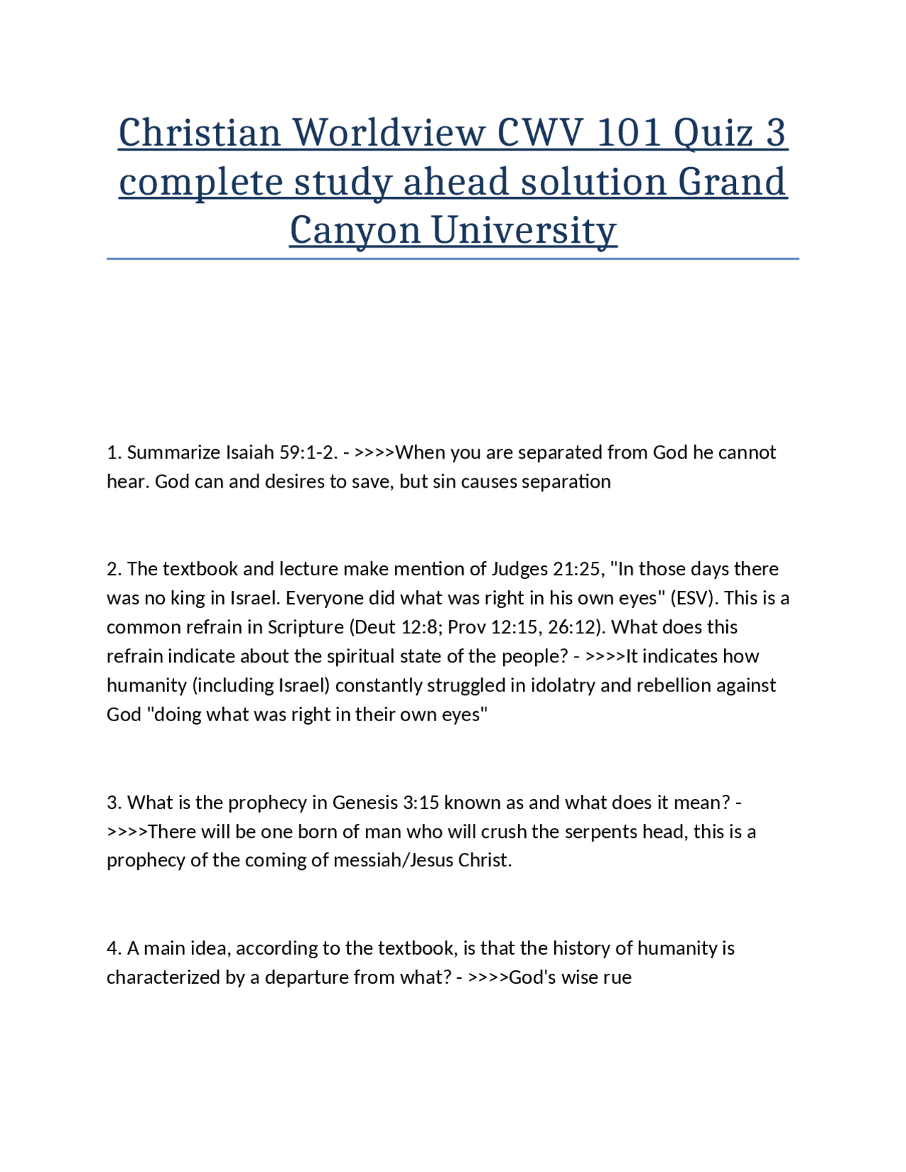 Grand Canyon University - Christian Worldview CWV 101 Quiz 3 Solutions ...