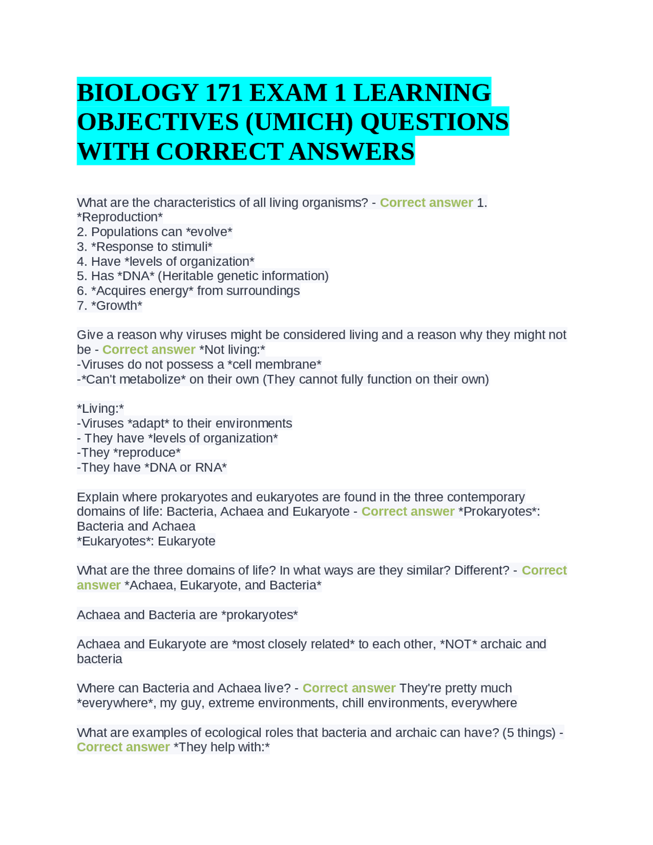 BIOLOGY 171 EXAM 1 LEARNING OBJECTIVES (UMICH) QUESTIONS WITH CORRECT ...