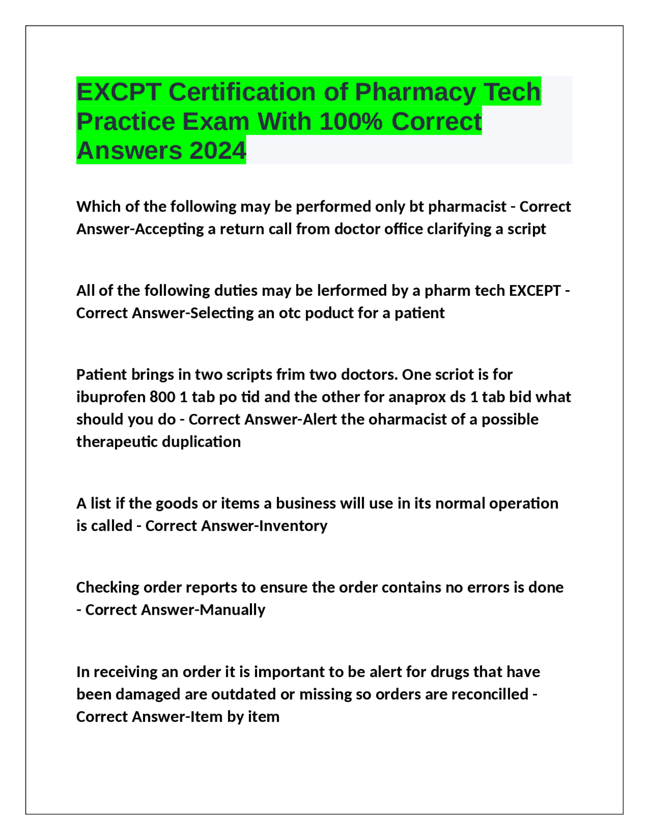 EXCPT Certification of Pharmacy Tech Practice Exam With 100% Correct ...