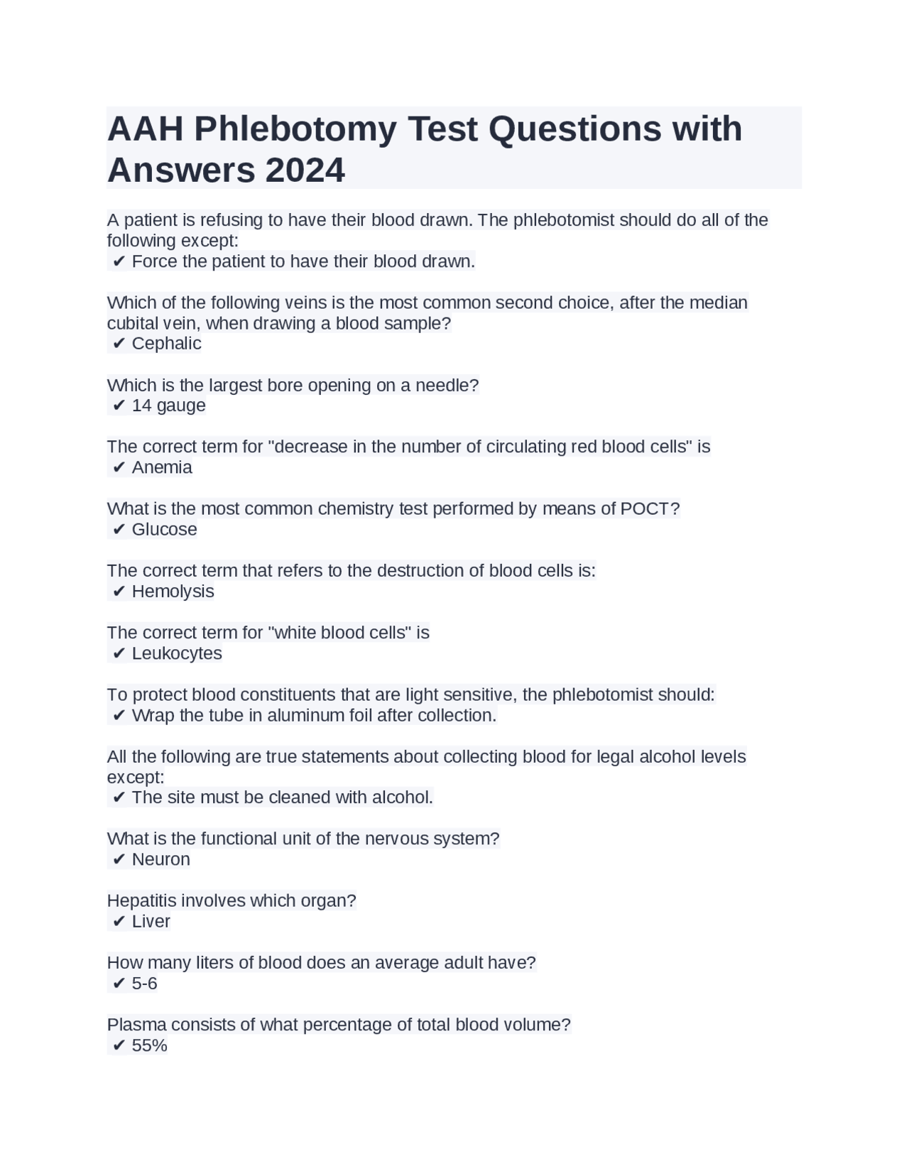 AAH Phlebotomy Test Questions with Answers 2024 | Exams Nursing | Docsity