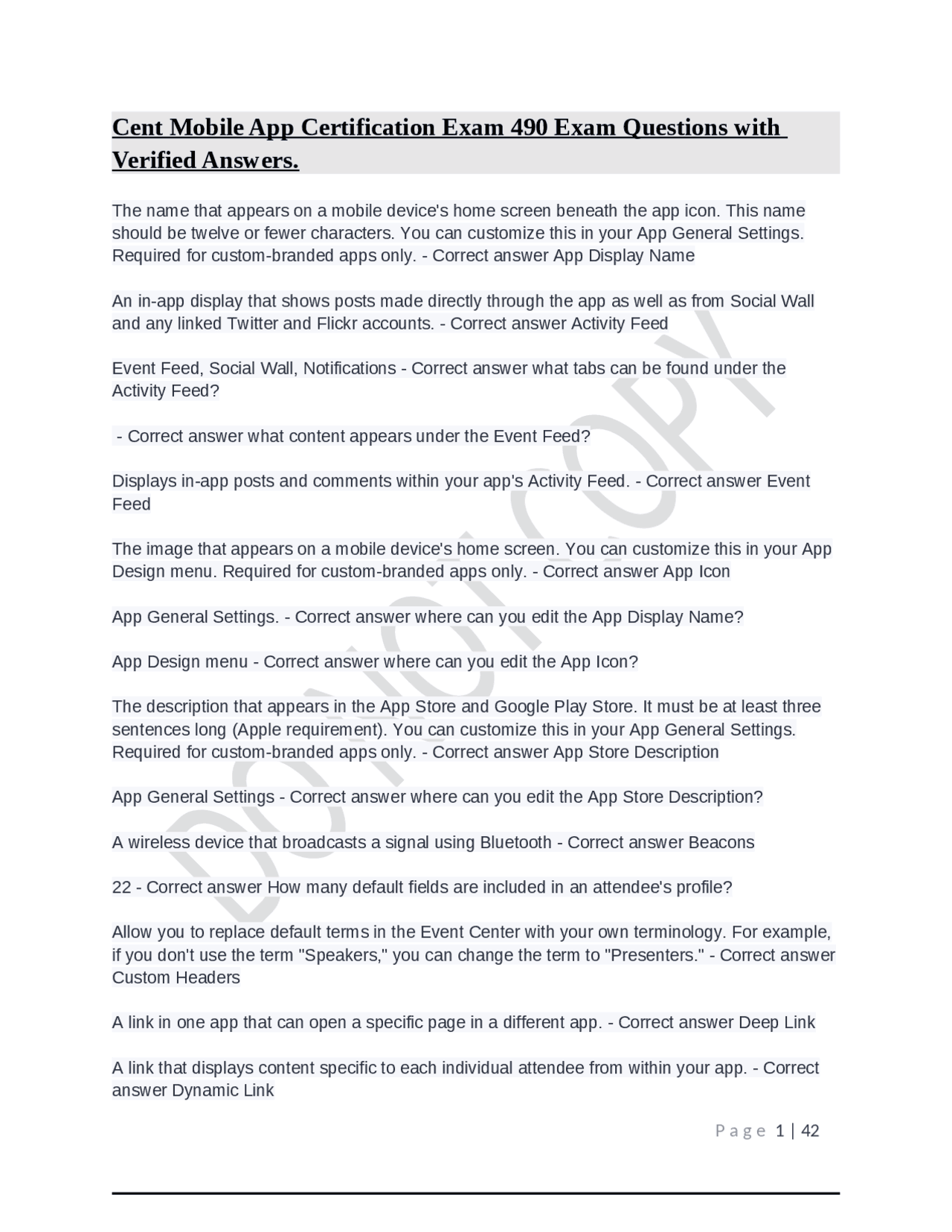 Cent Mobile App Certification Exam 490 Exam Questions with Verified Answers. | Exams Multimedia ...