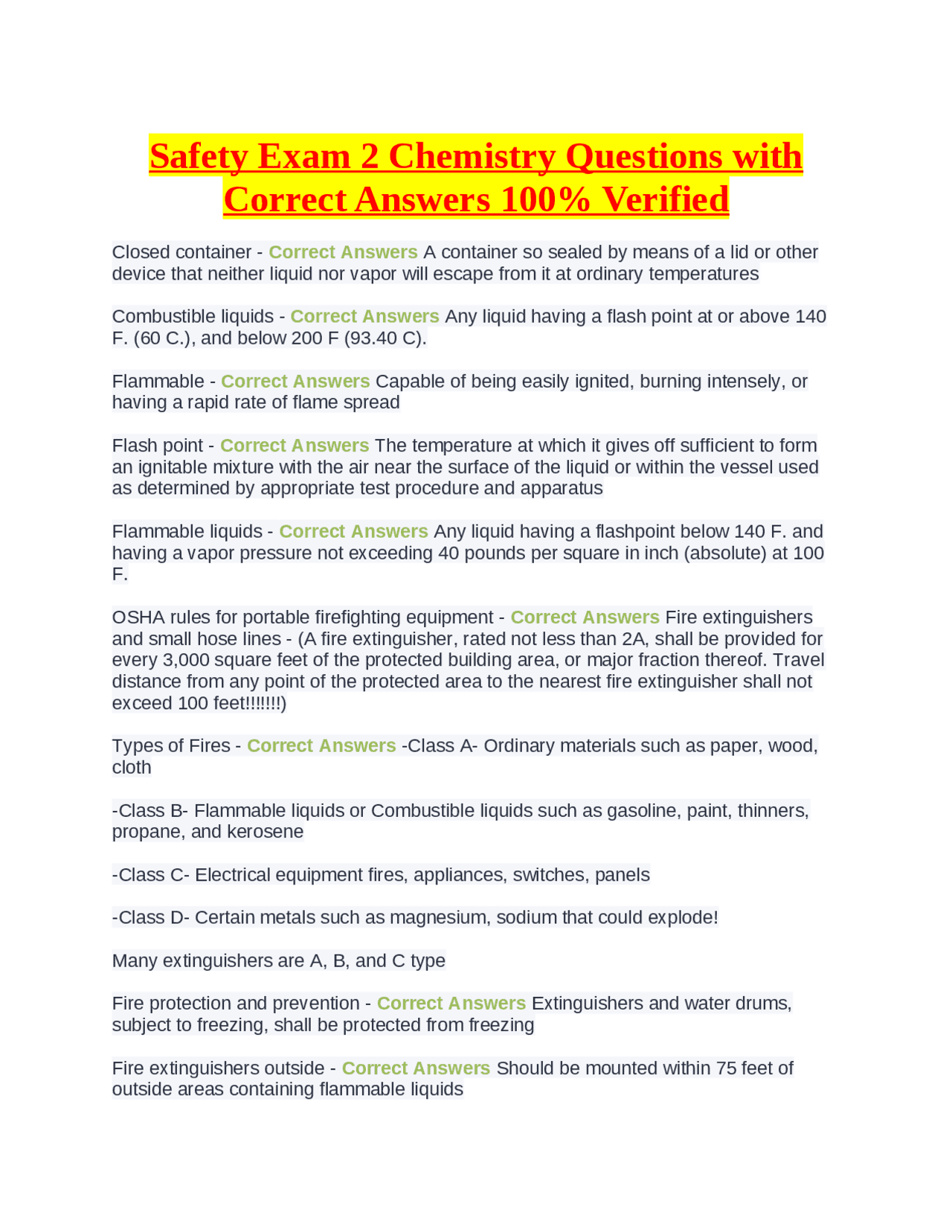 Safety Exam 2 Chemistry Questions with Correct Answers 100% Verified ...