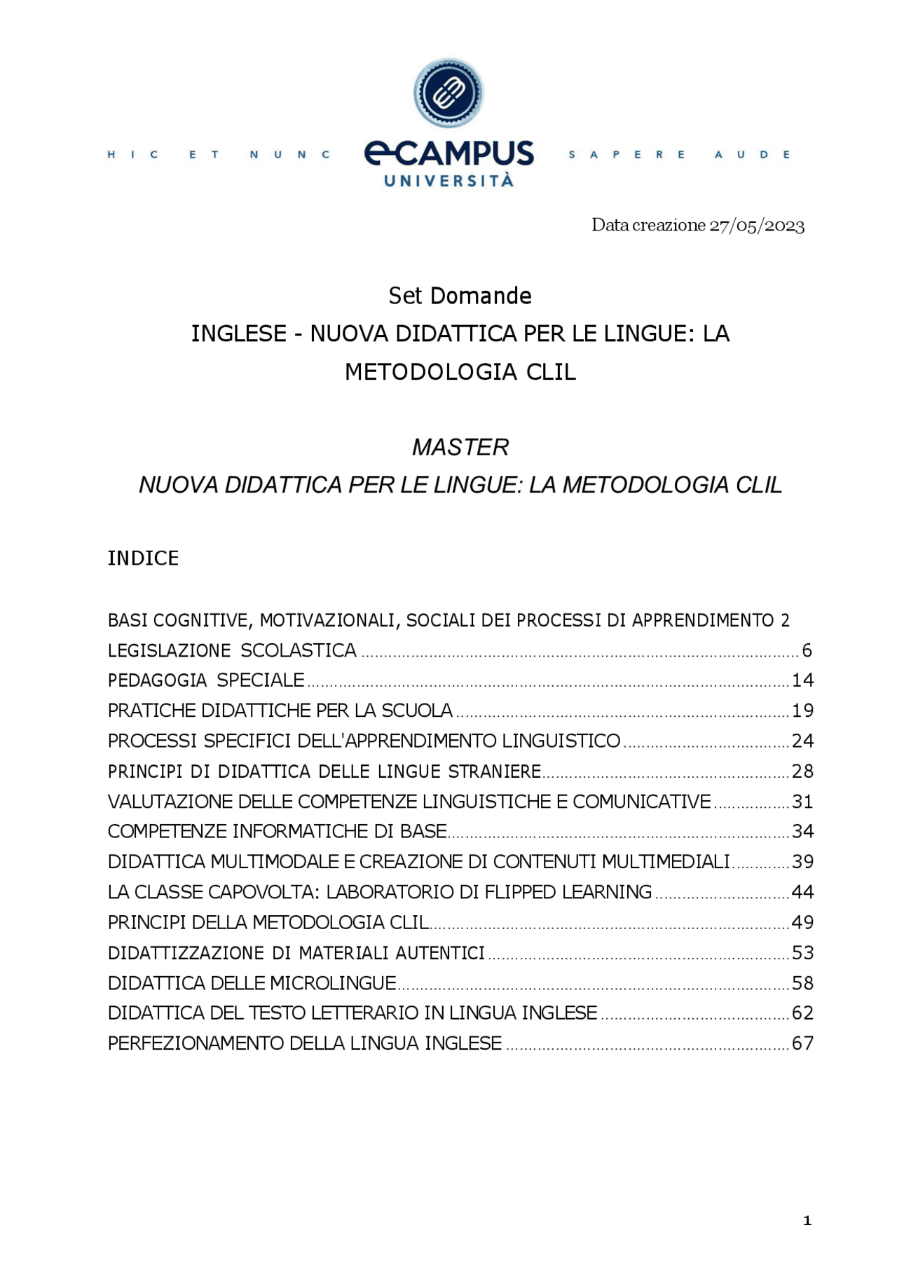 Paniere RISPOSTE ESAME CLIL eCampus Inglese - NUOVA DIDATTICA PER LE LINGUE - 2024 | Prove d ...