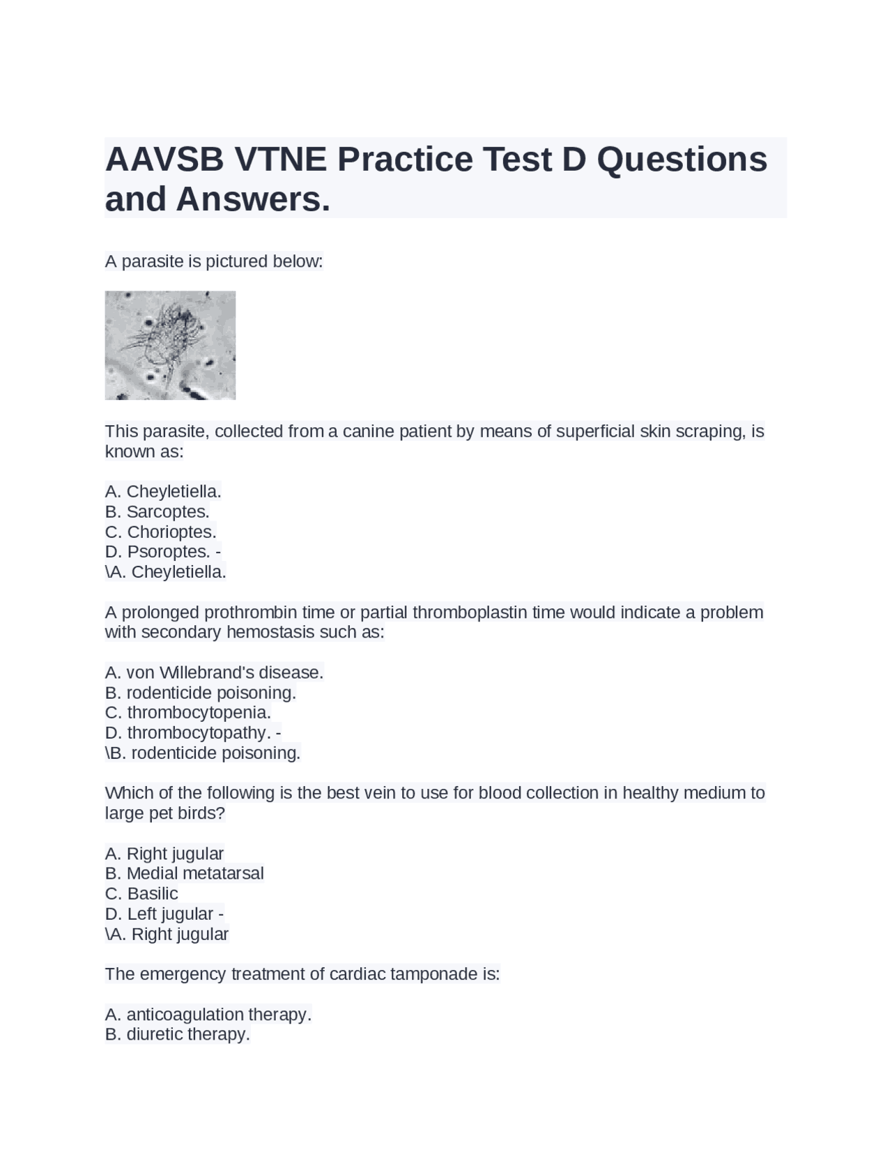 AAVSB VTNE Practice Test D Questions and Answers. | Exams Medicine ...