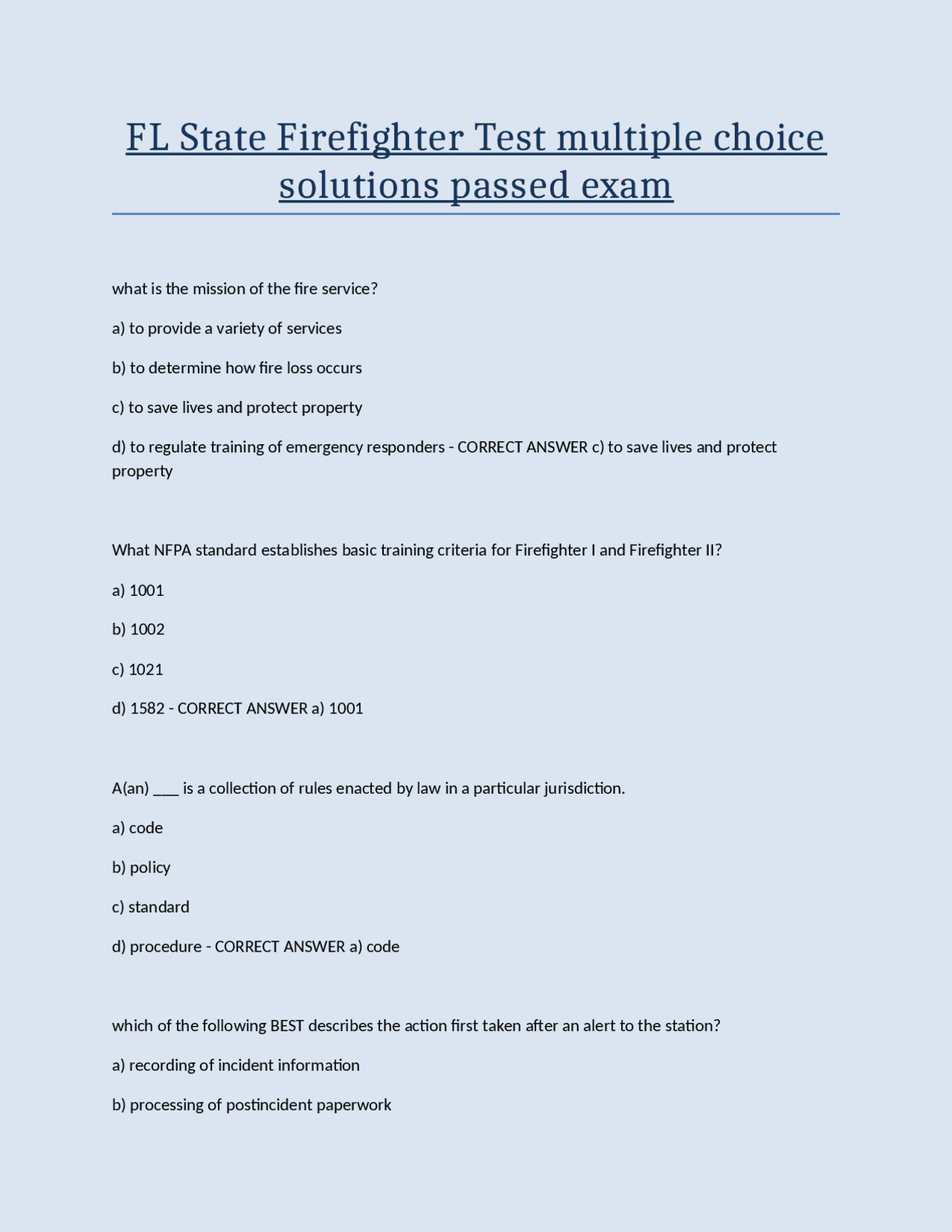 FL State Firefighter Test Solutions: Multiple Choice Questions and ...