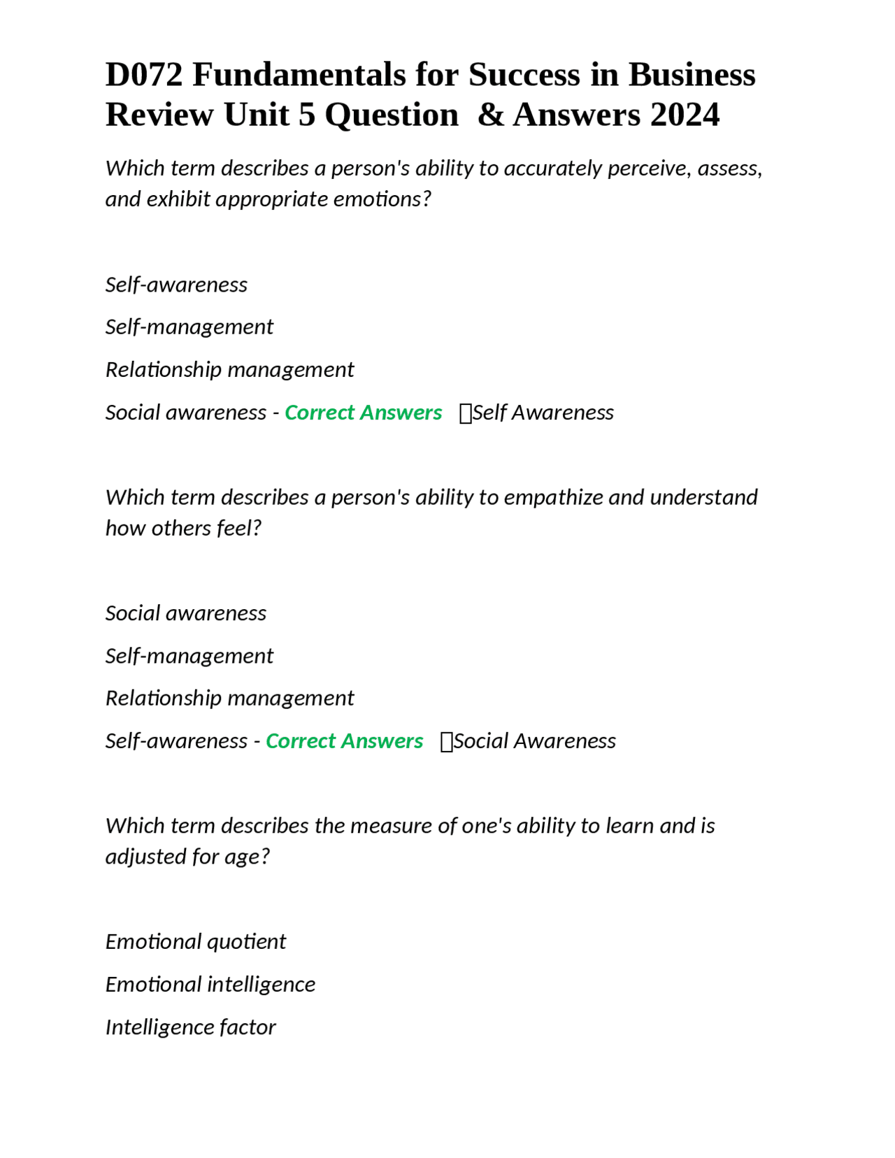 D072 Fundamentals for Success in Business Review Unit 5 Question ...