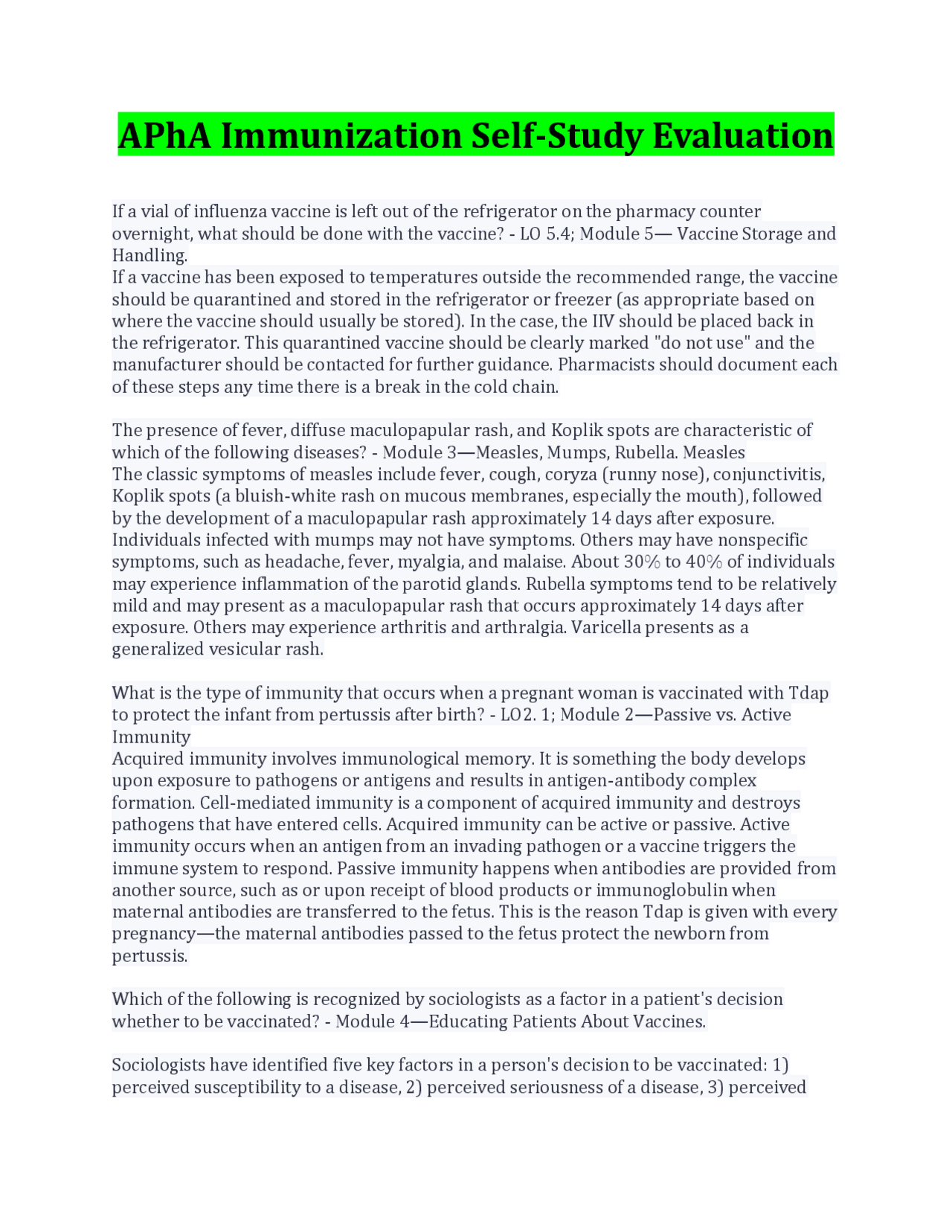 APhA Immunization Self-Study Evaluation With Complete Solution | Exams ...