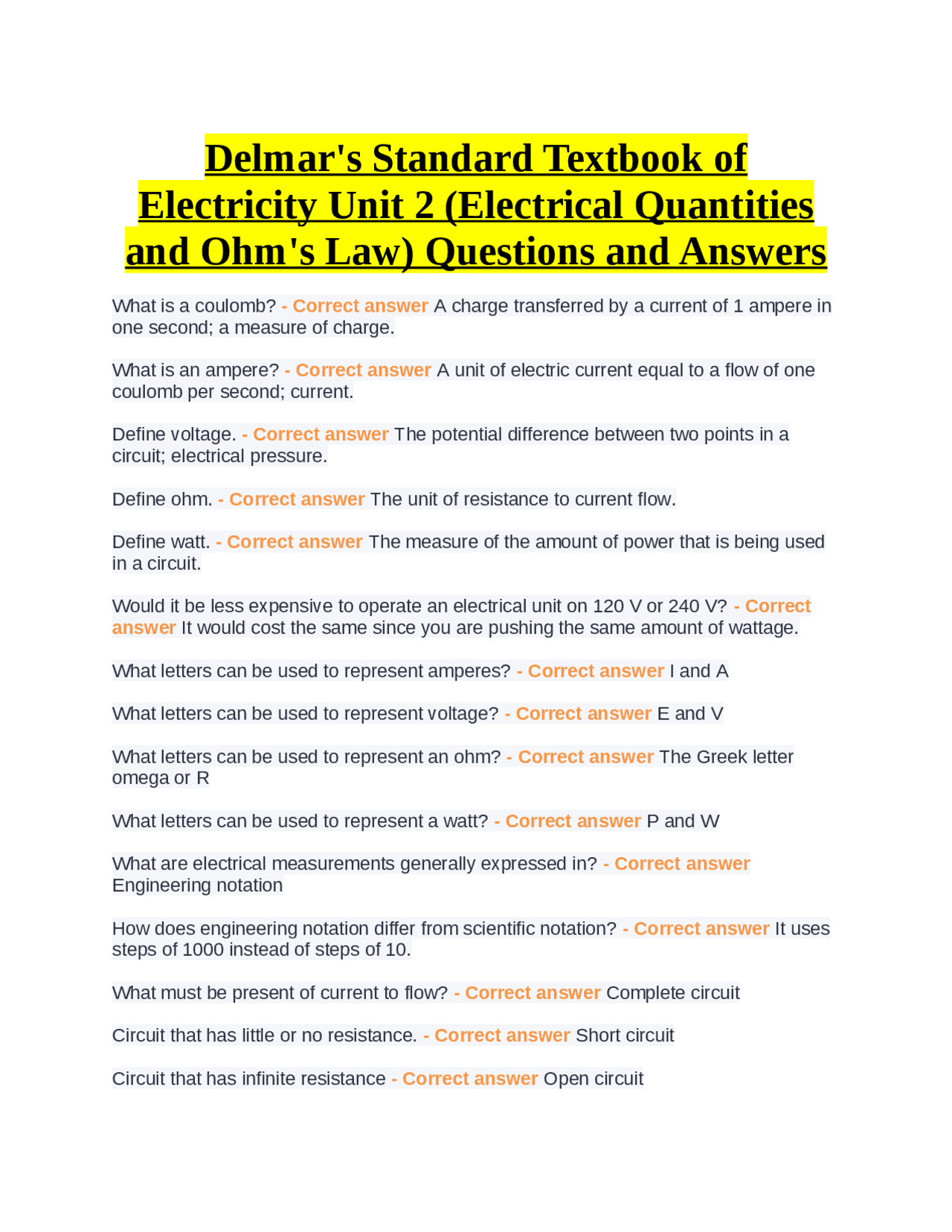 Electricity Unit 2: Understanding Electrical Quantities and Ohm's Law | Exams Nursing | Docsity