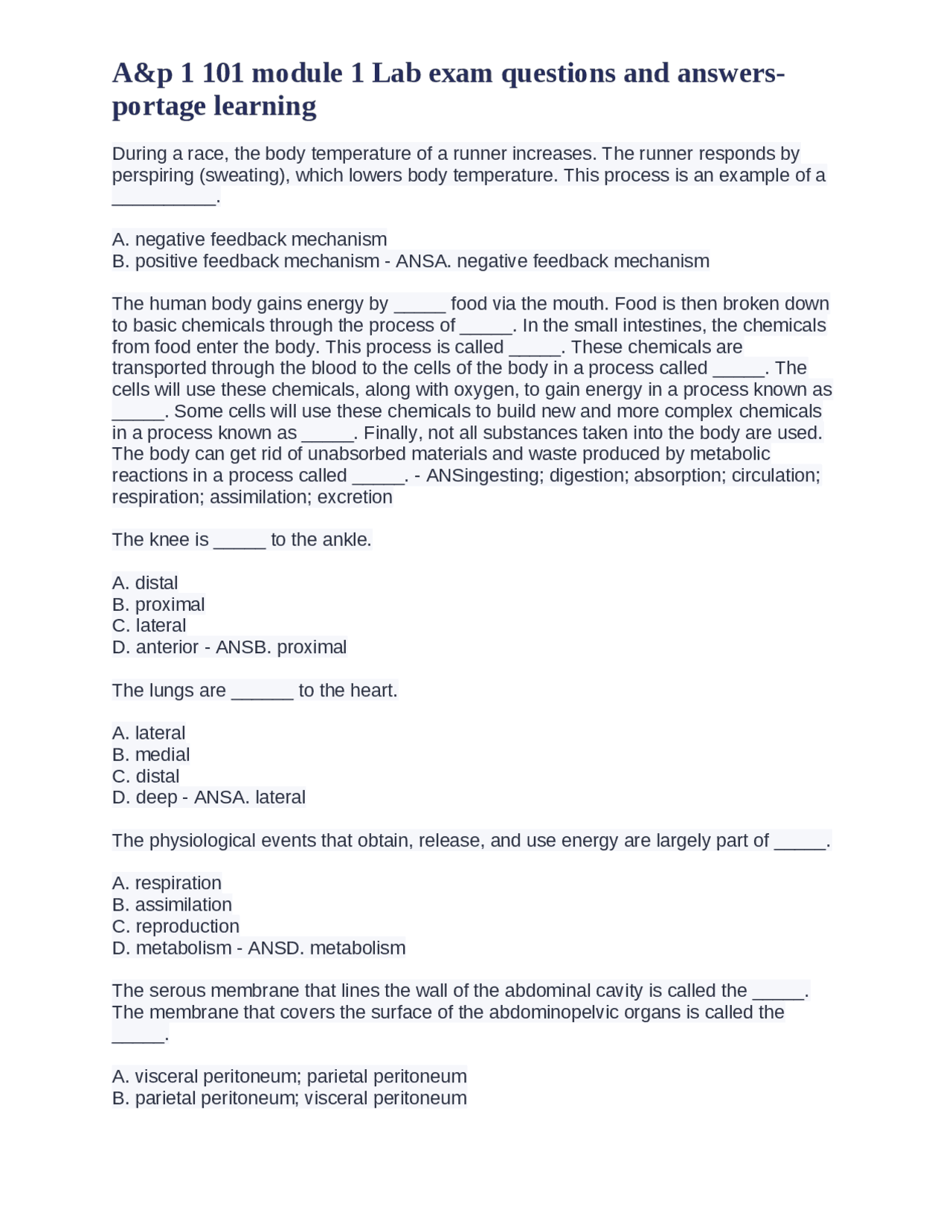 A&P 1 101 Module 1 Lab Exam Questions and Answers: Human Anatomy and ...