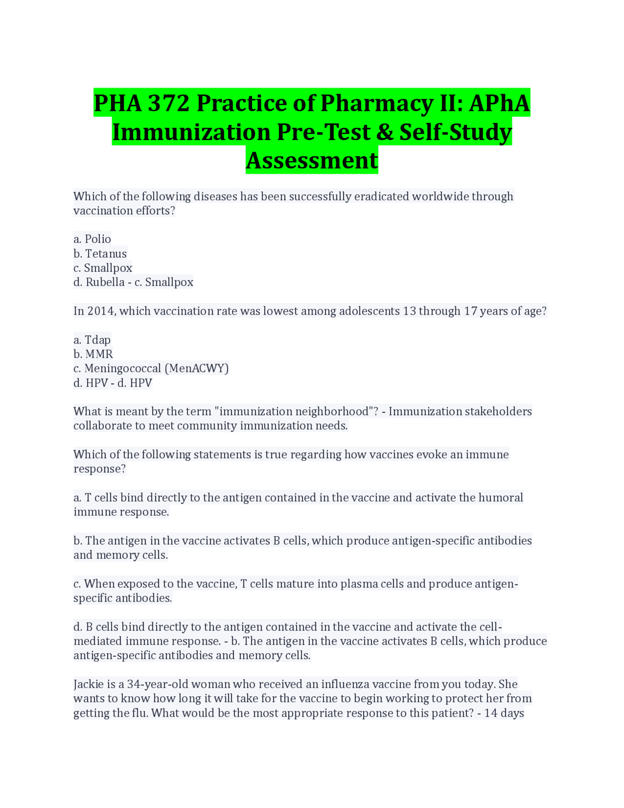 PHA 372 Practice of Pharmacy II: APhA Immunization Pre-Test & Self ...