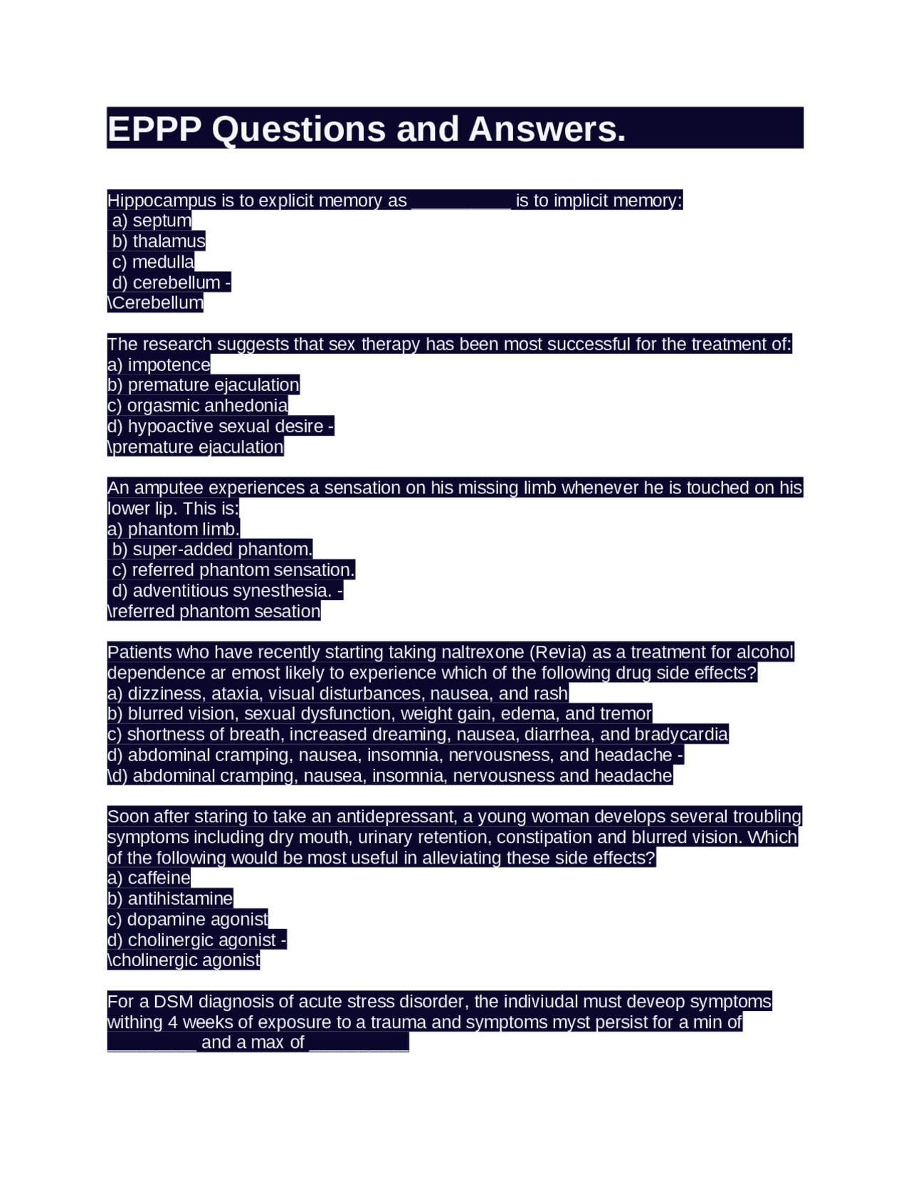 EPPP Questions and Answers. | Exams Public Health | Docsity